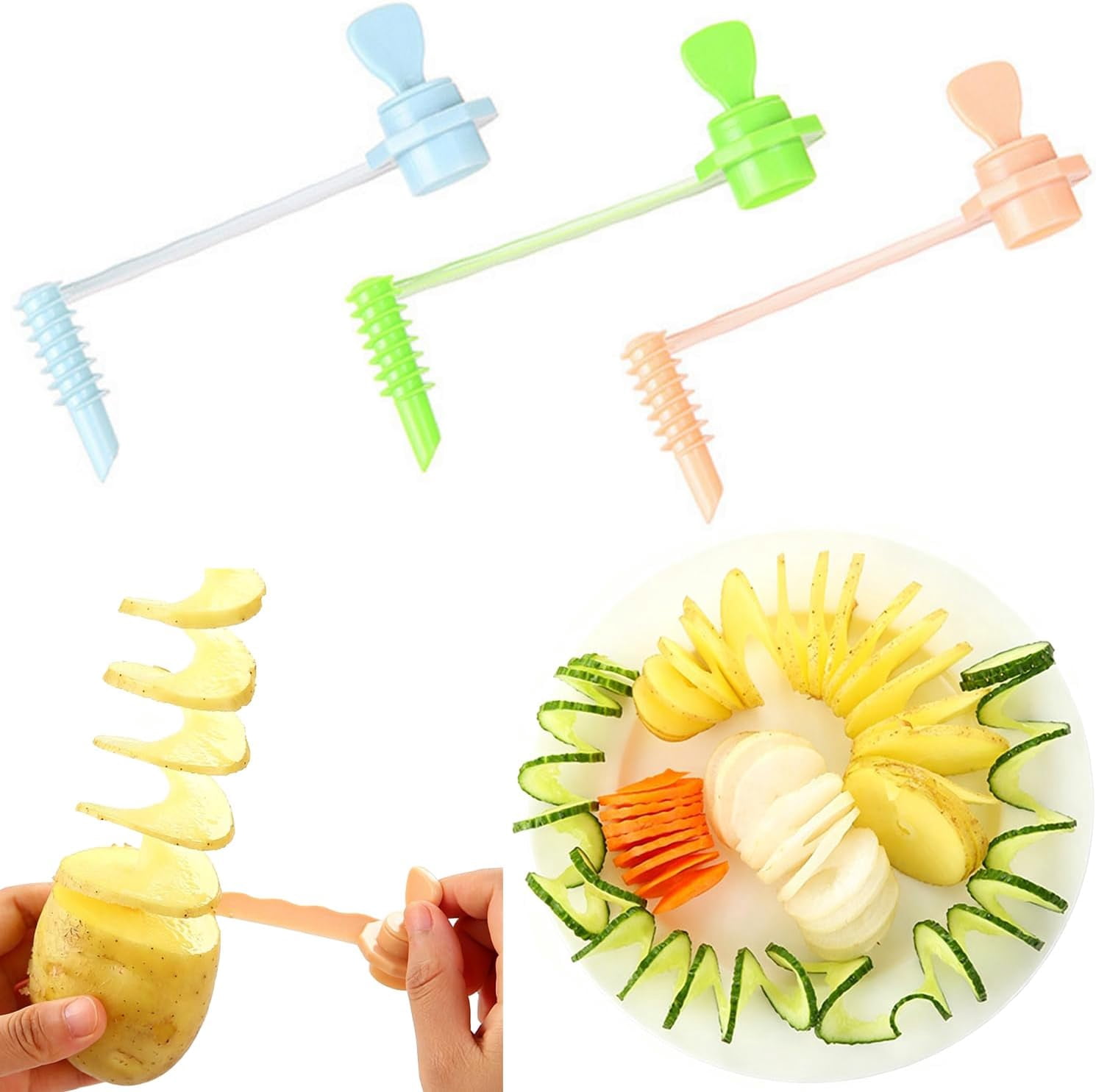3 Pcs Spiral Potato Slicer, Portable Manual Spiral Potato Cutter Potato ...