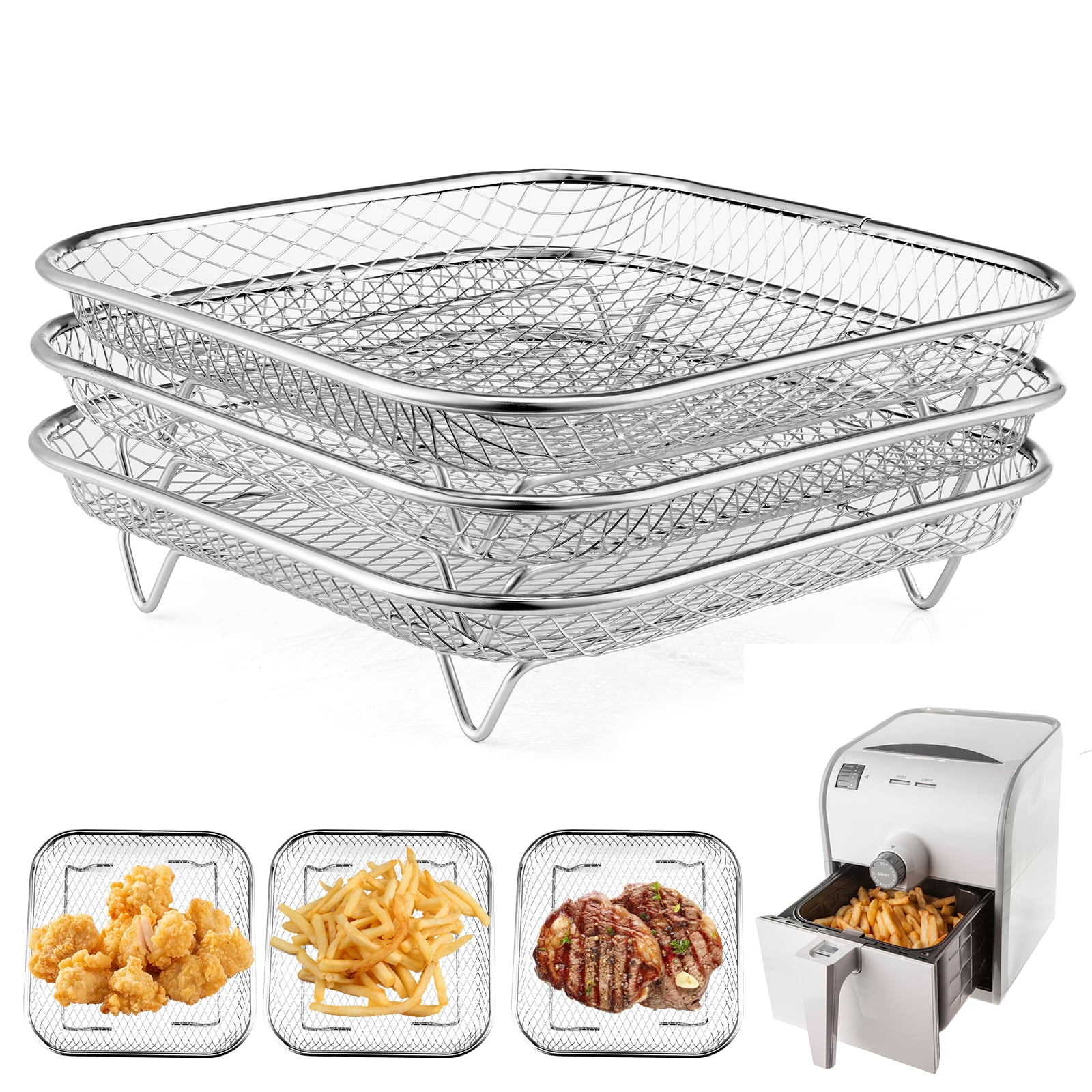 8"Square Air Fryer Rack,3 Stackable Dehydrator Rack, 304 Grill ...