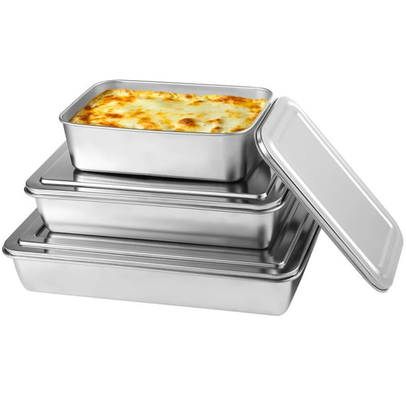 3 Pcs Stainless Steel Cake Pans, Rectangular Baking Pans with Lids ...