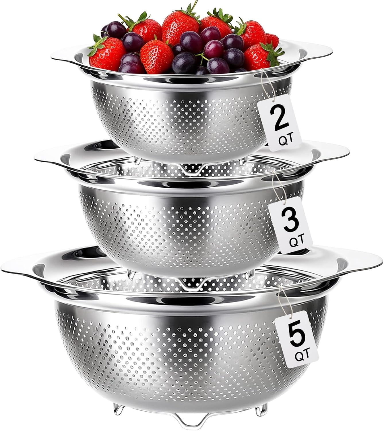 3 Pcs Stainless Steel Colander Strainer Set Metal Colander for Kitchen ...