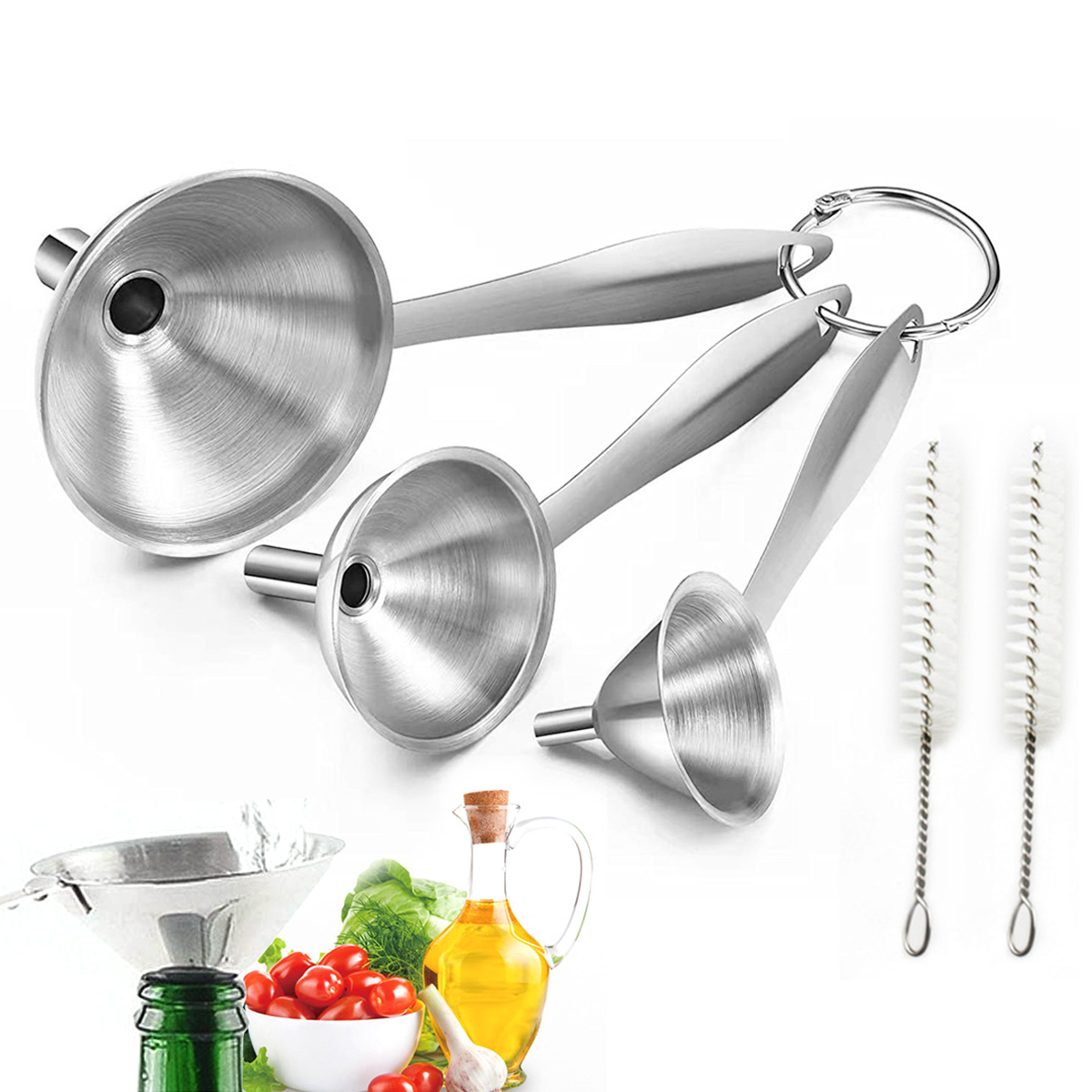 3 Pcs Stainless Steel Kitchen Funnel Set With Long Handle, Food Grade Mini Metal Funnel For ...