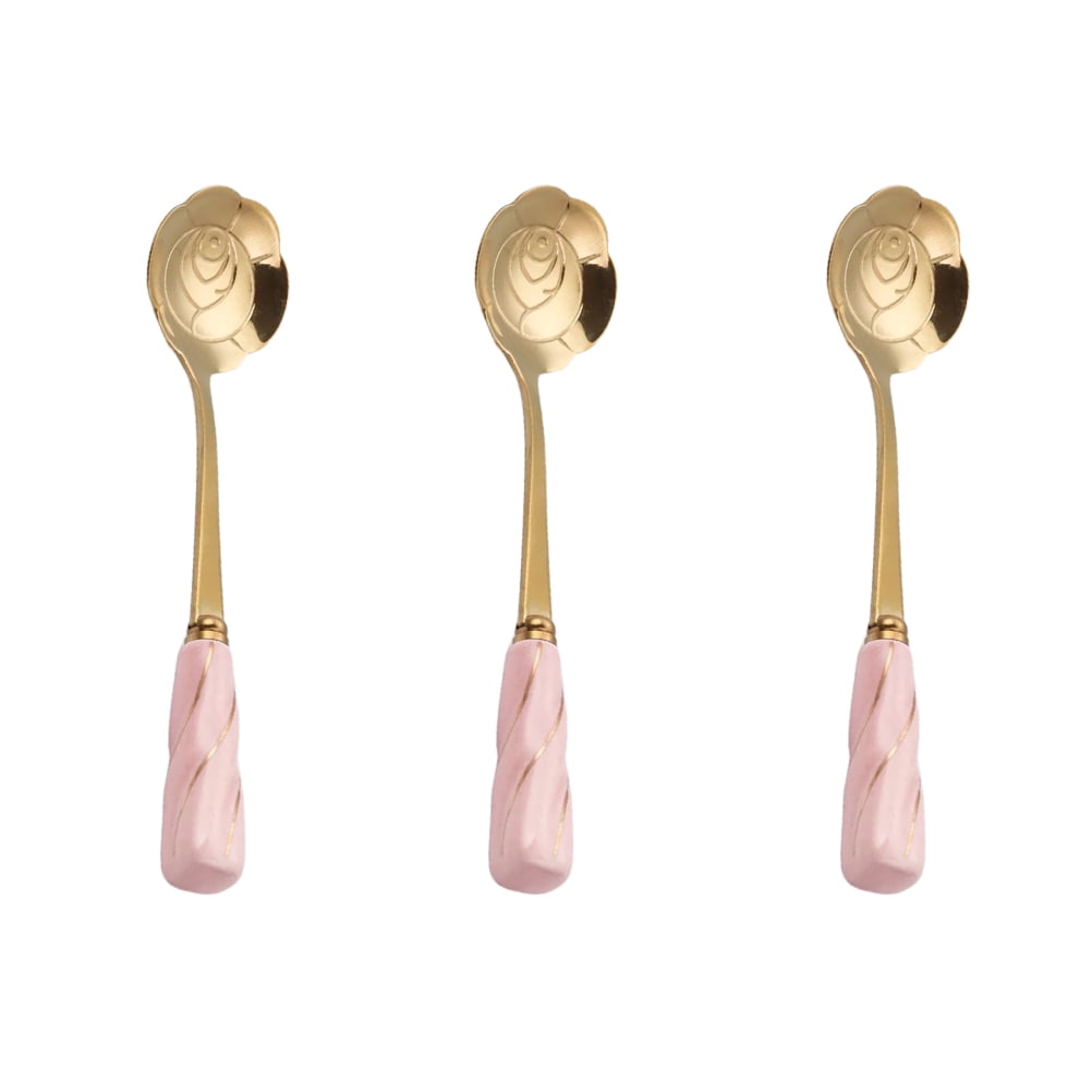 3 Pcs Stainless Steel Spoons Ceramic Handle Cake Spoon Petal Shaped ...