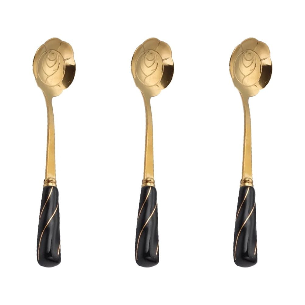 3 Pcs Stainless Steel Spoons Ceramic Handle Cake Spoon Petal Shaped ...