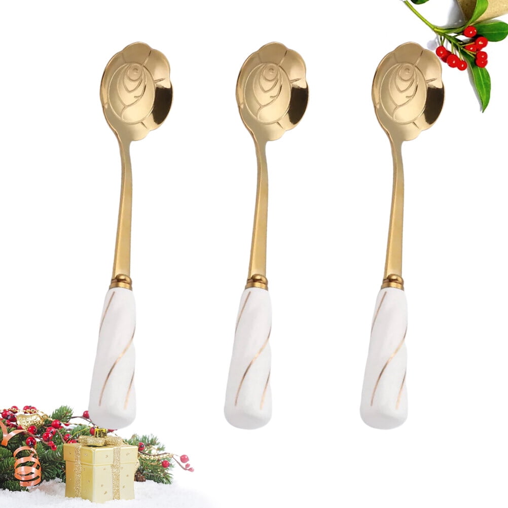 3 Pcs Stainless Steel Spoons Ceramic Handle Cake Spoon Petal Shaped ...