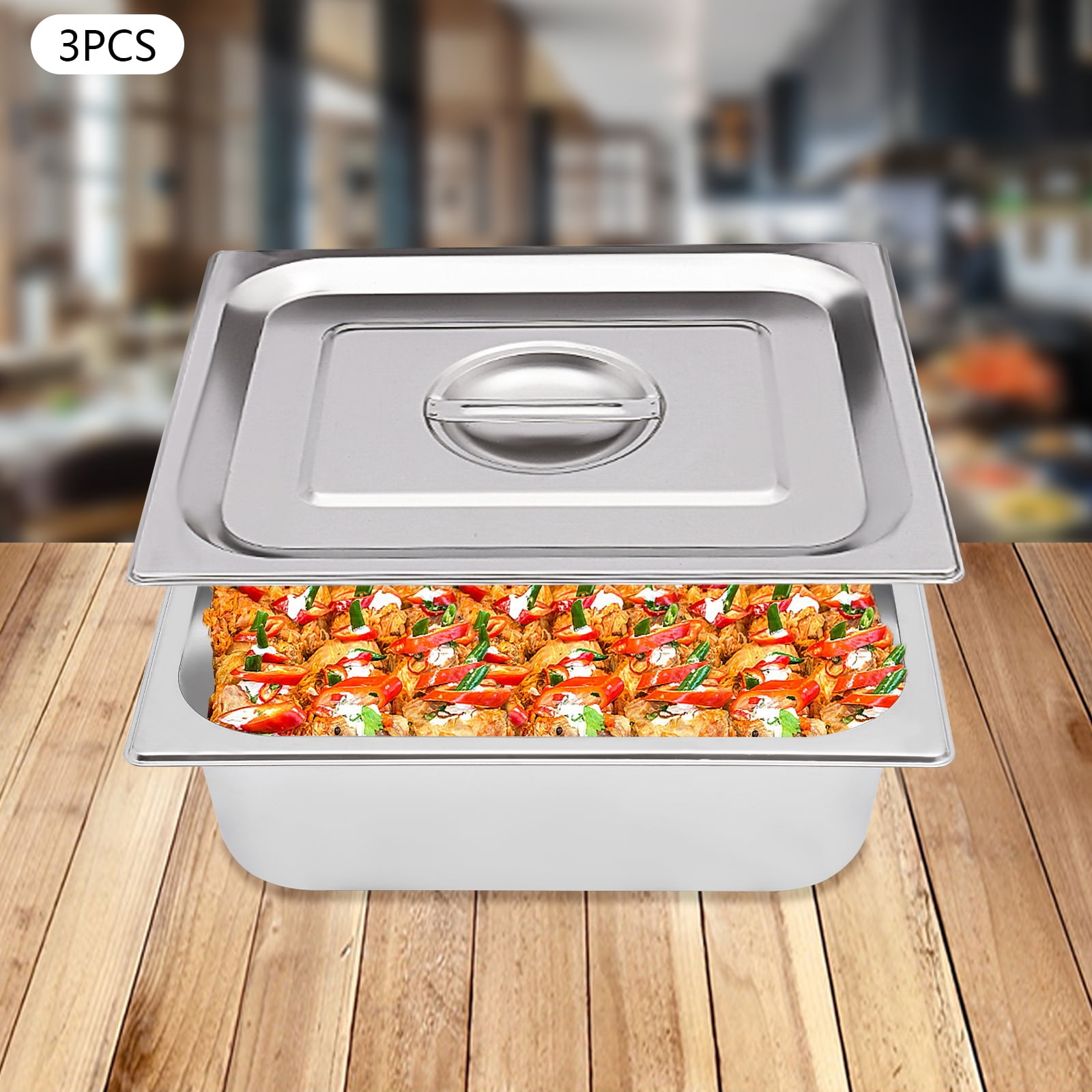 3 Pcs Steam Pan Food Warmer with Lid Set,1/3 4Inch Full Size Hotel Pan ...