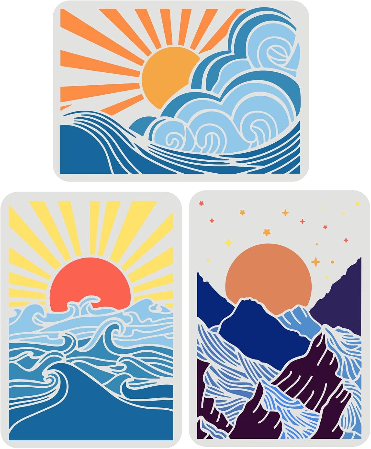 3 Pcs Sun Sea Wave Mountain Stencil 11.7x8.3 inch A4 Size Moon and ...