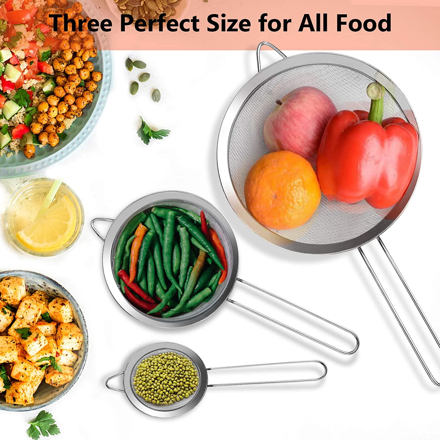 3 Pcs Super Wire Extra Fine Mesh Strainer with Handle, Small Medium ...