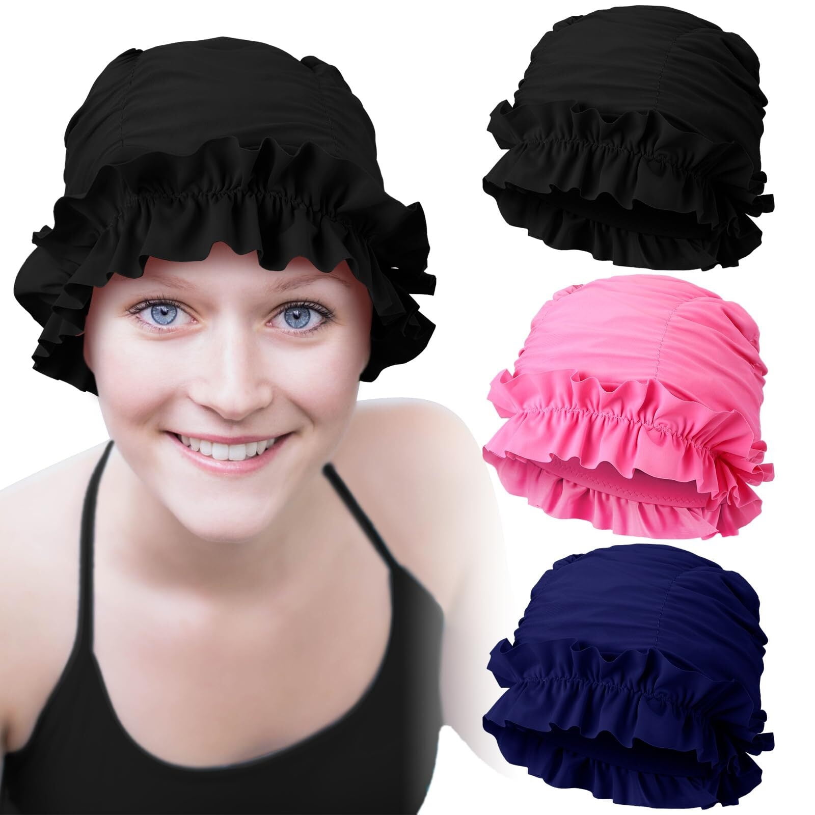 3 Pcs Swim Cap Women Adult with Ruffled Edges Nylon Cloth Swimming Cap for Women Bathing Hats ...