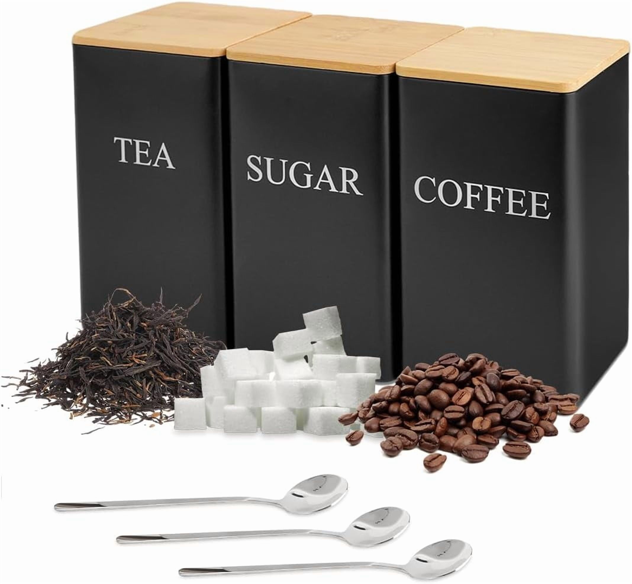 3 Pcs Tea Coffee Sugar Canisters, Black Metal Canister Storage Jar ...