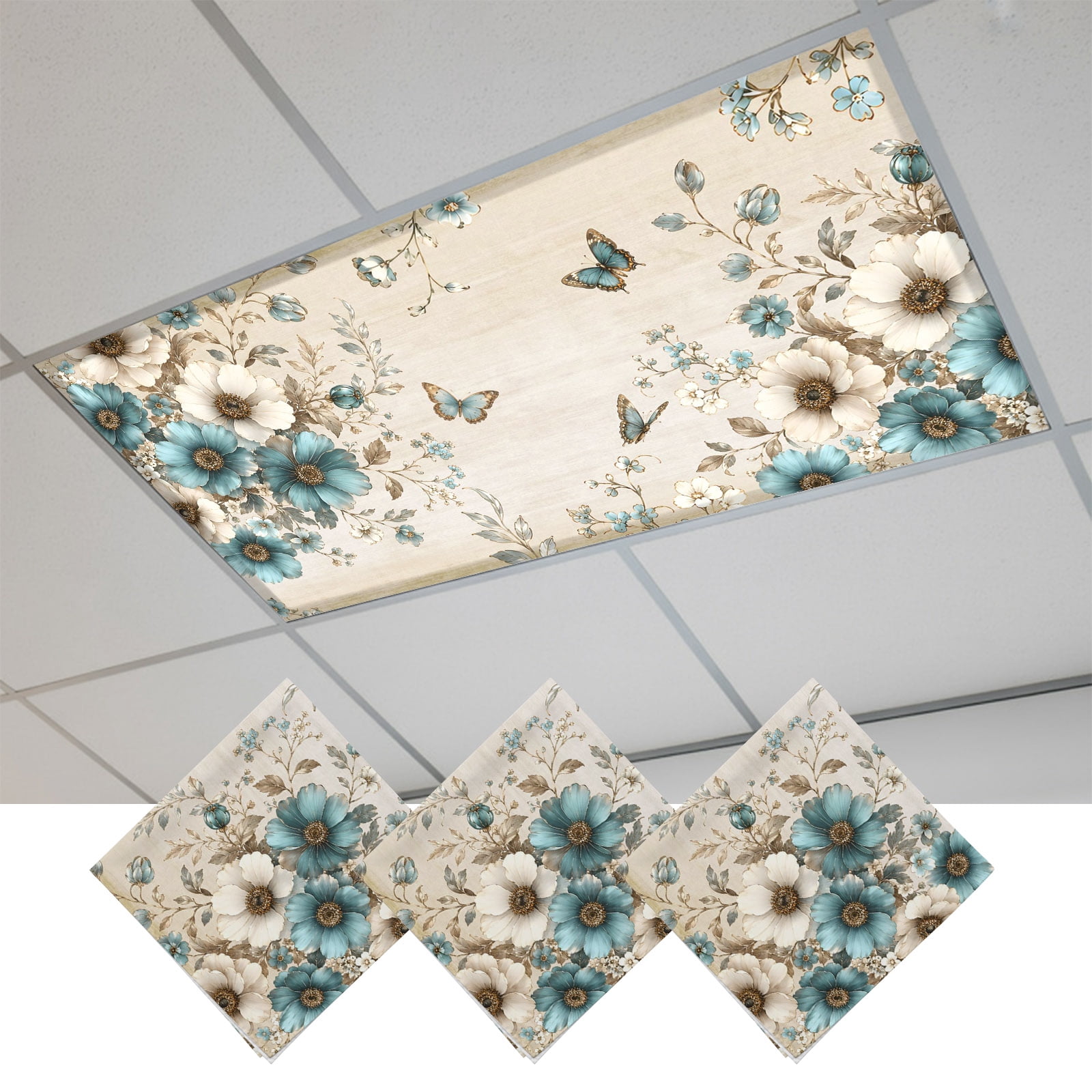 3 Pcs Teal Blooms Fluorescent Light Covers Artistic Teal Beige Floral ...