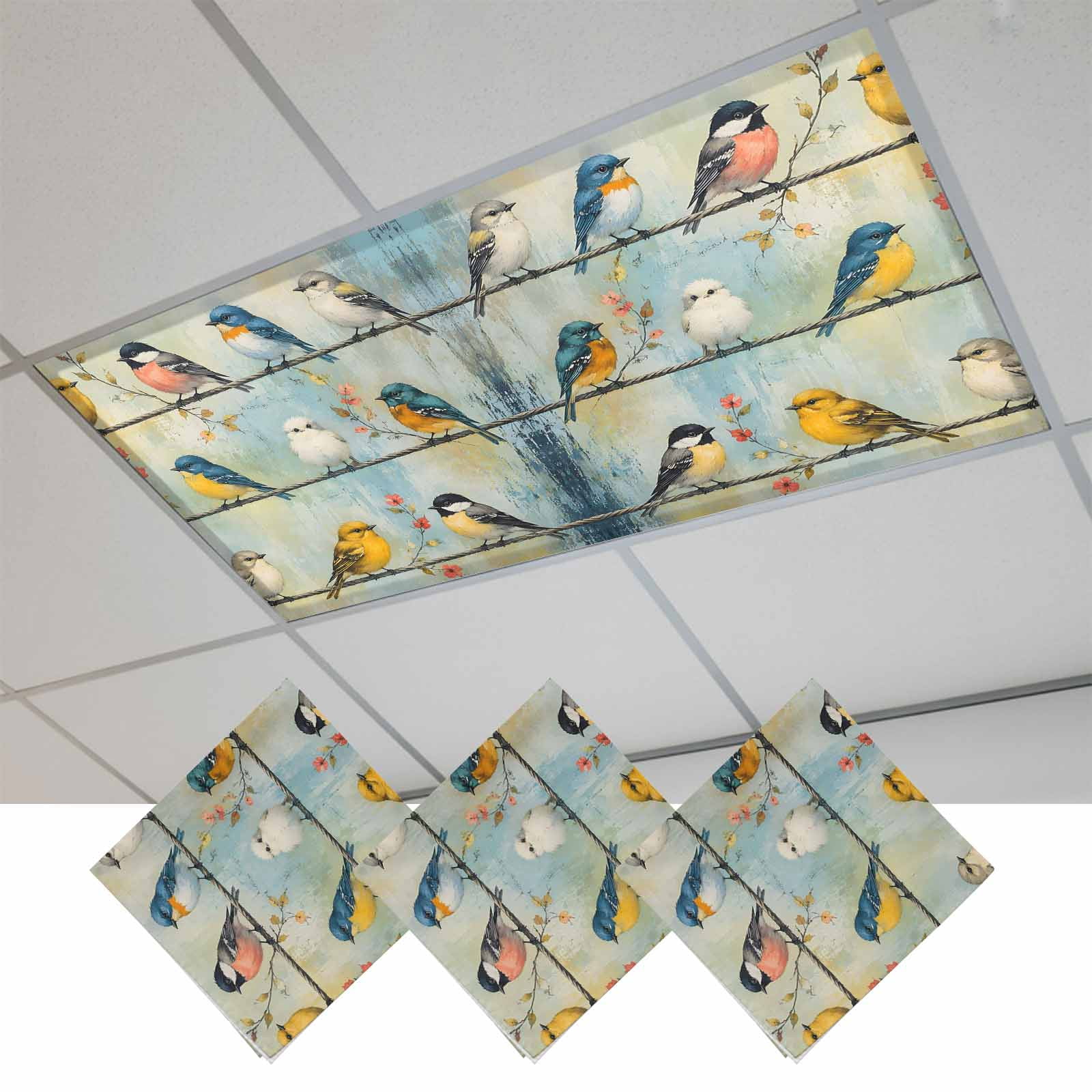 3 Pcs Teal Red Gold Bird Fluorescent Light Covers Rustic Floral Horizon ...