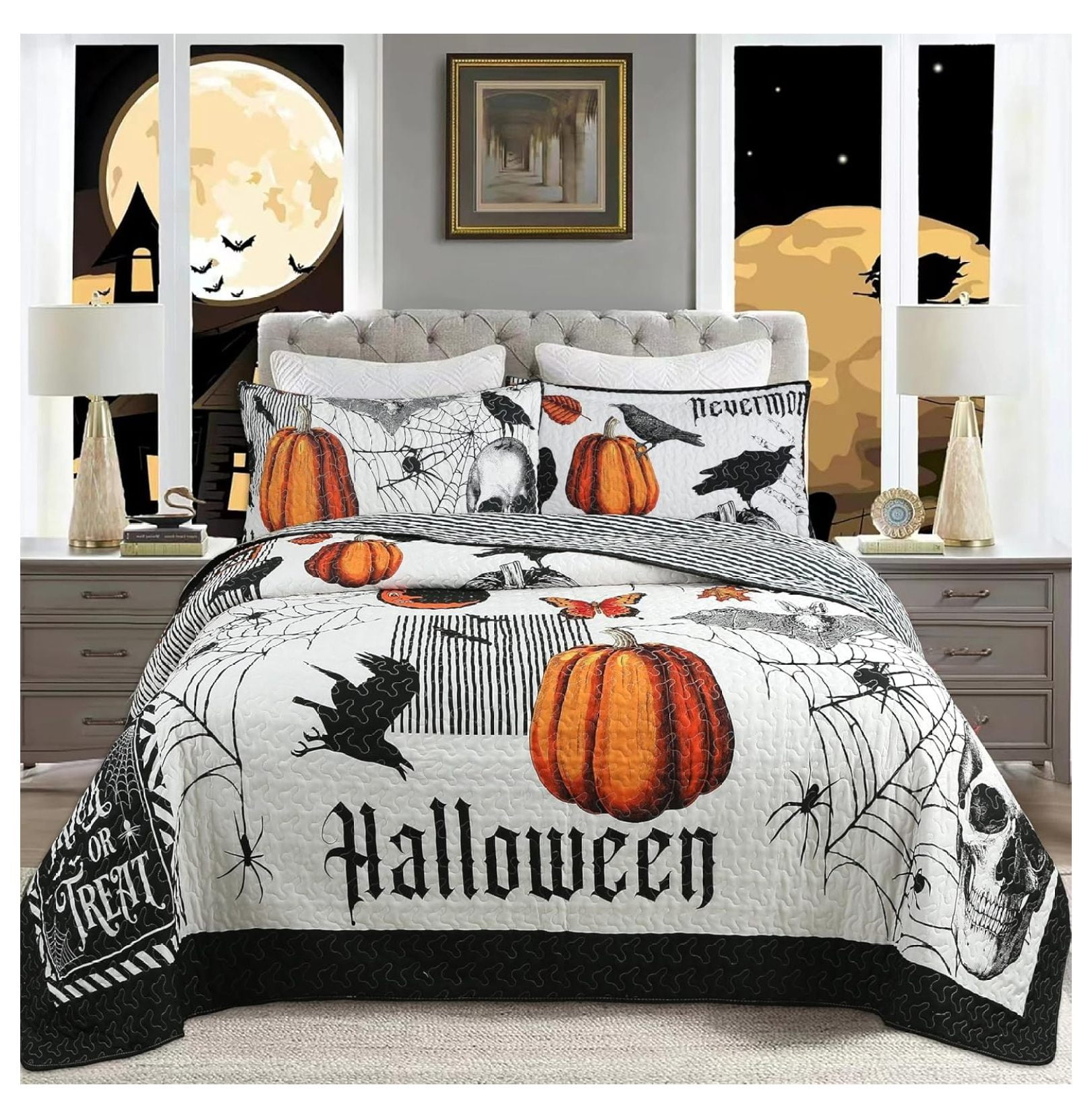 3 Pcs Themed Quilt Bedspread Set - Cozy and Spooky Pumpkin and Ghost ...