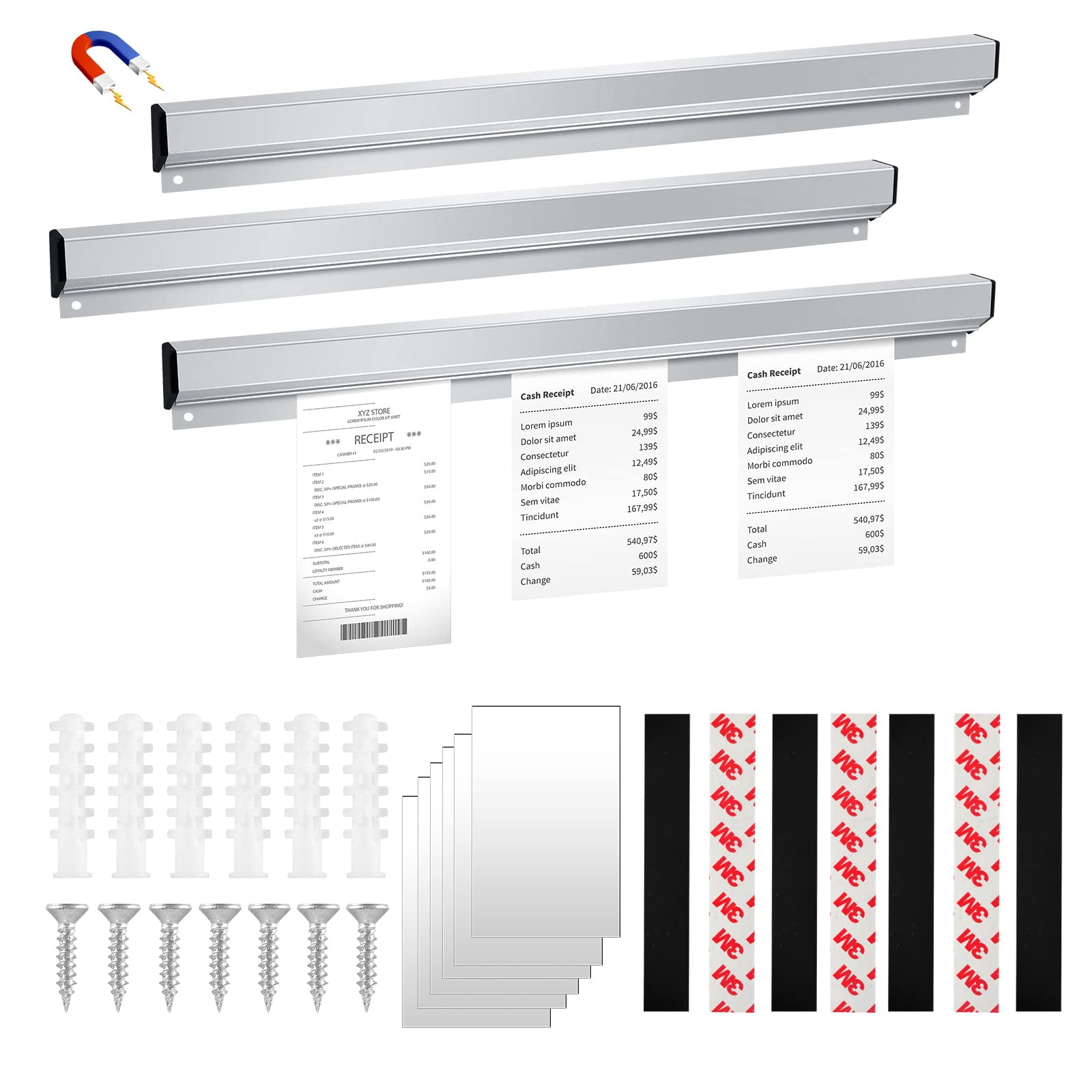 3 Pcs Ticket Rack Magnetic Note and Paper Aluminum Slide Check Rack ...