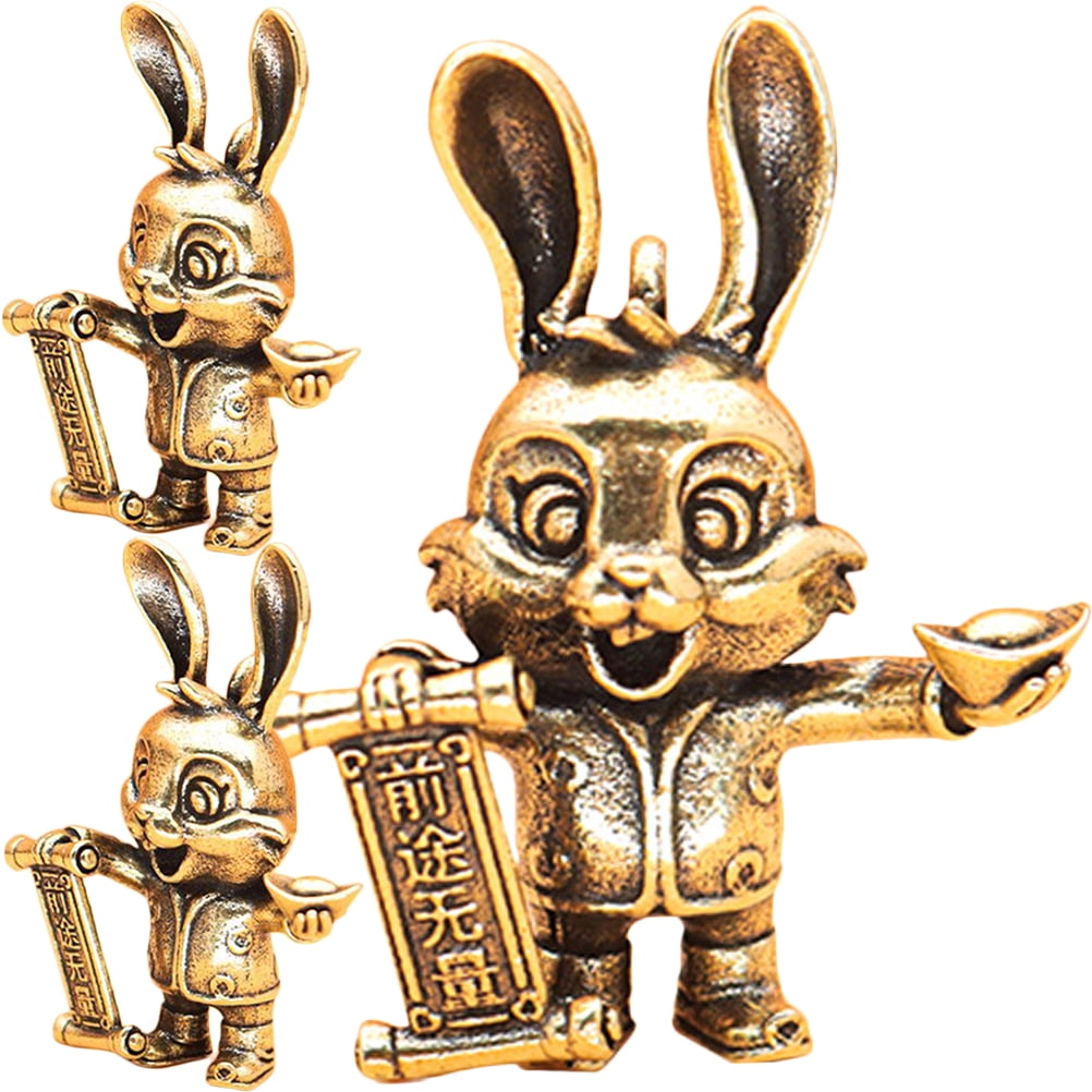3 Pcs Trinkets Figurine Brass Rabbit Pendant Delicate Keychain Creative ...