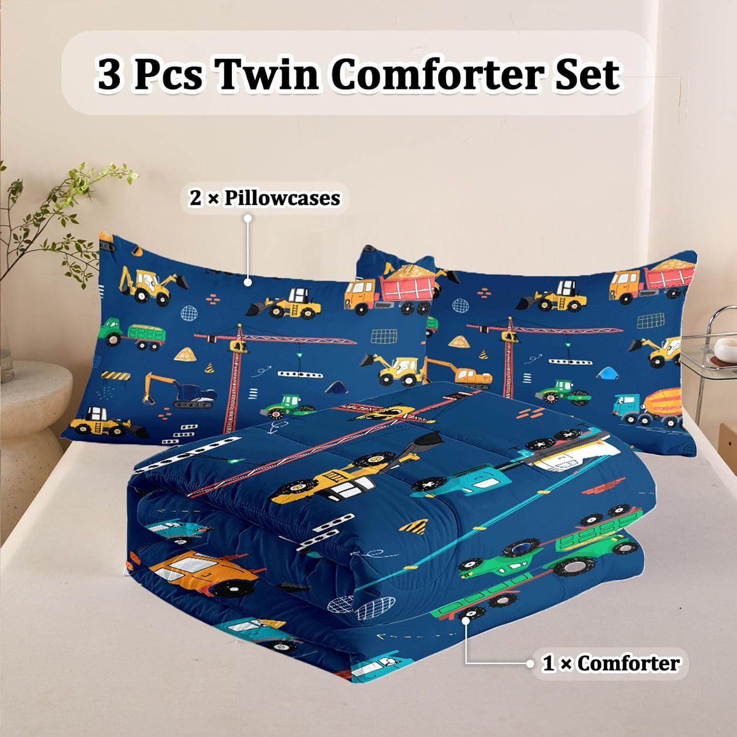 3 Pcs Twin Bedding Set for Boys, Kids Construction Truck Comforter Sets ...