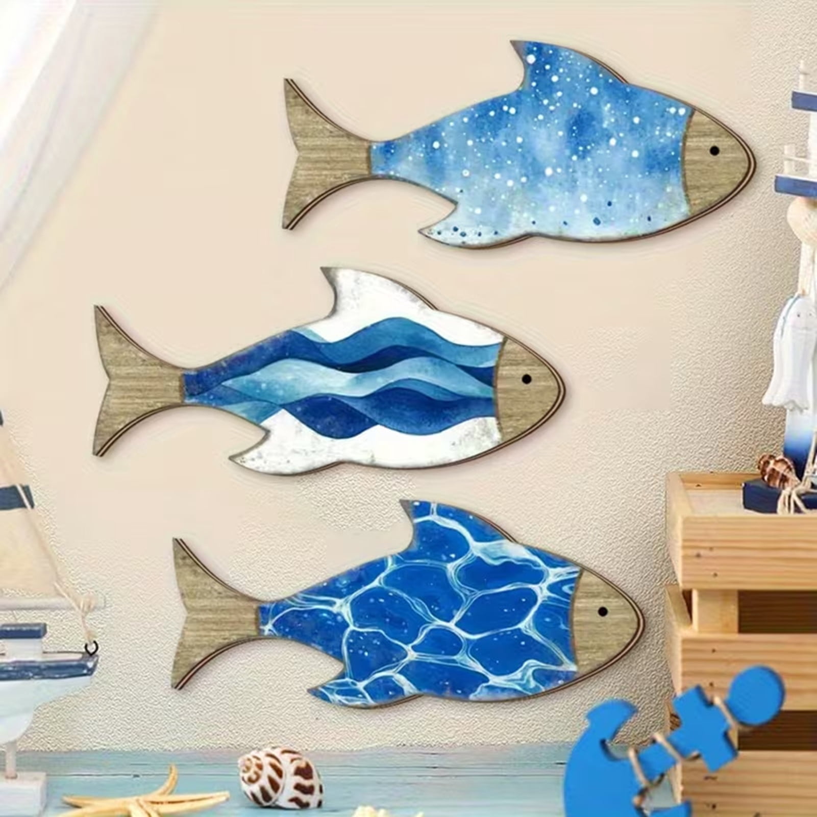 3 Pcs Vintage Beach Wall Decor Nautical Wooden Fish Wall Art Coastal ...