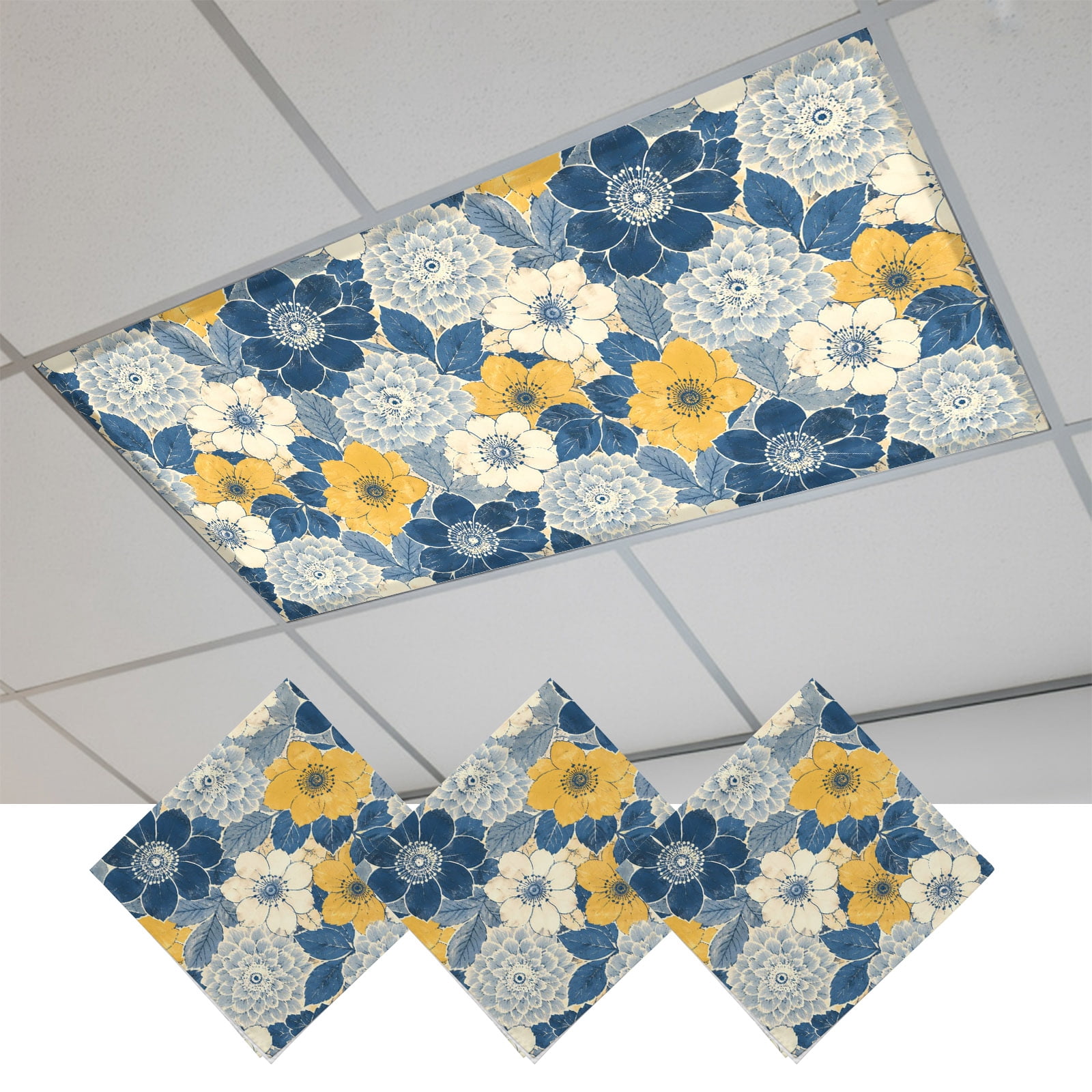 3 Pcs Vintage Flower Fluorescent Light Covers Chinoiserie Blue Cream ...
