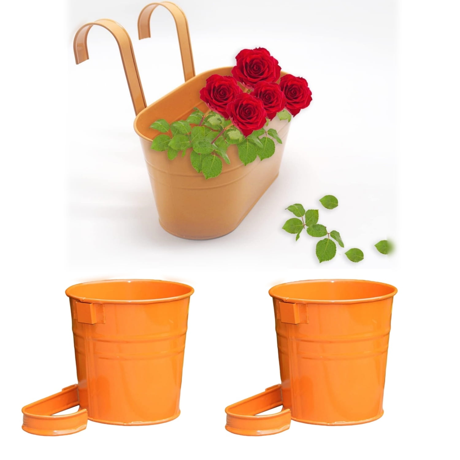 3 Pcs Vintage Metal Iron Wall Hanging Flower Pots, Orange Fence Bucket ...