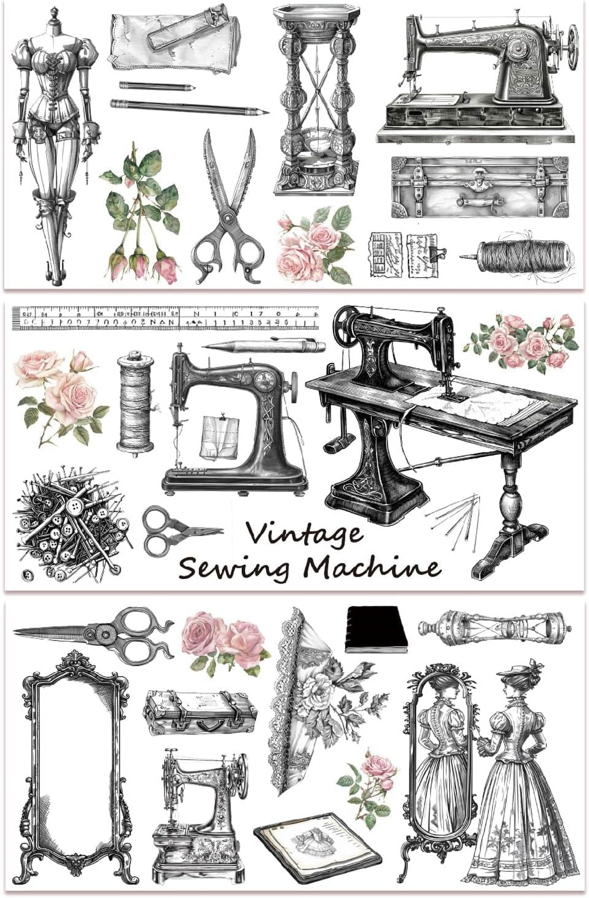 3 Pcs Vintage Sewing Machines and Flower Rub on Transfers for Furniture ...