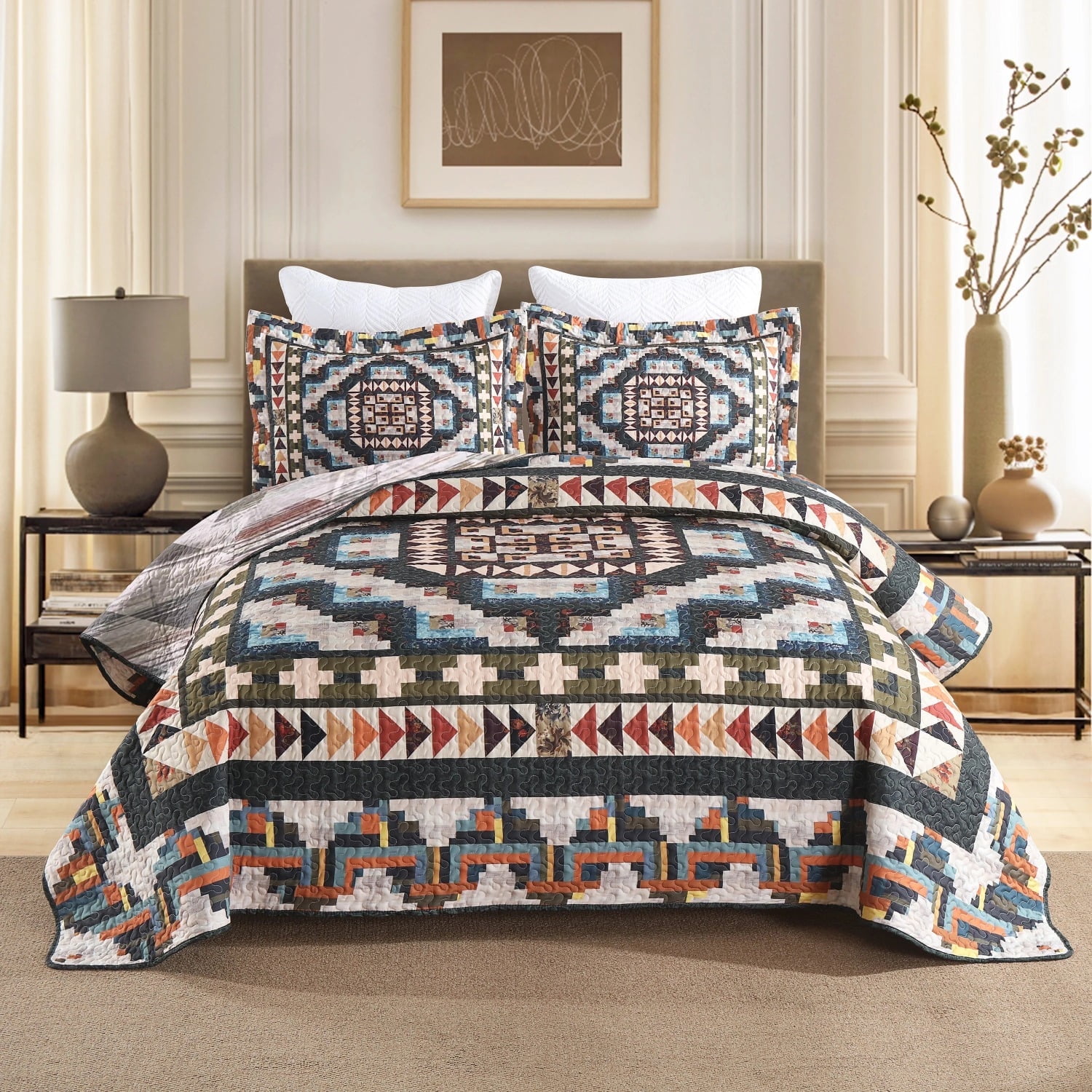 3 Pcs Western Southwestern Quilted Bedspread in Brown Green and ...