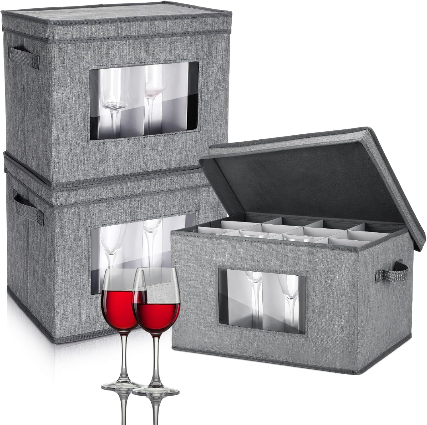3 Pcs Wine Glass Storage Box with Dividers, 12 Compartments Storage Box ...
