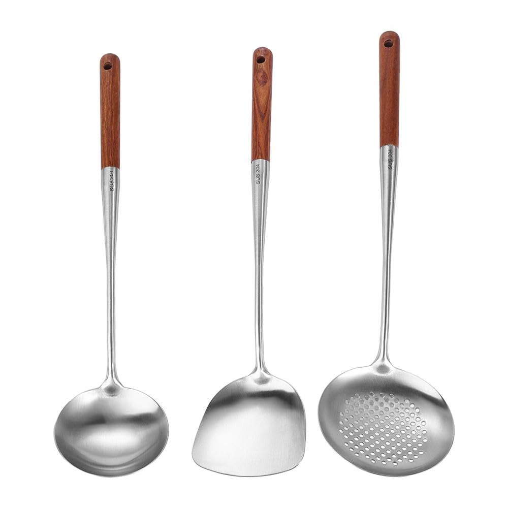 3 Pcs Wok Spatula and Ladle, Skimmer Ladle Tool Set, 304 Stainless ...