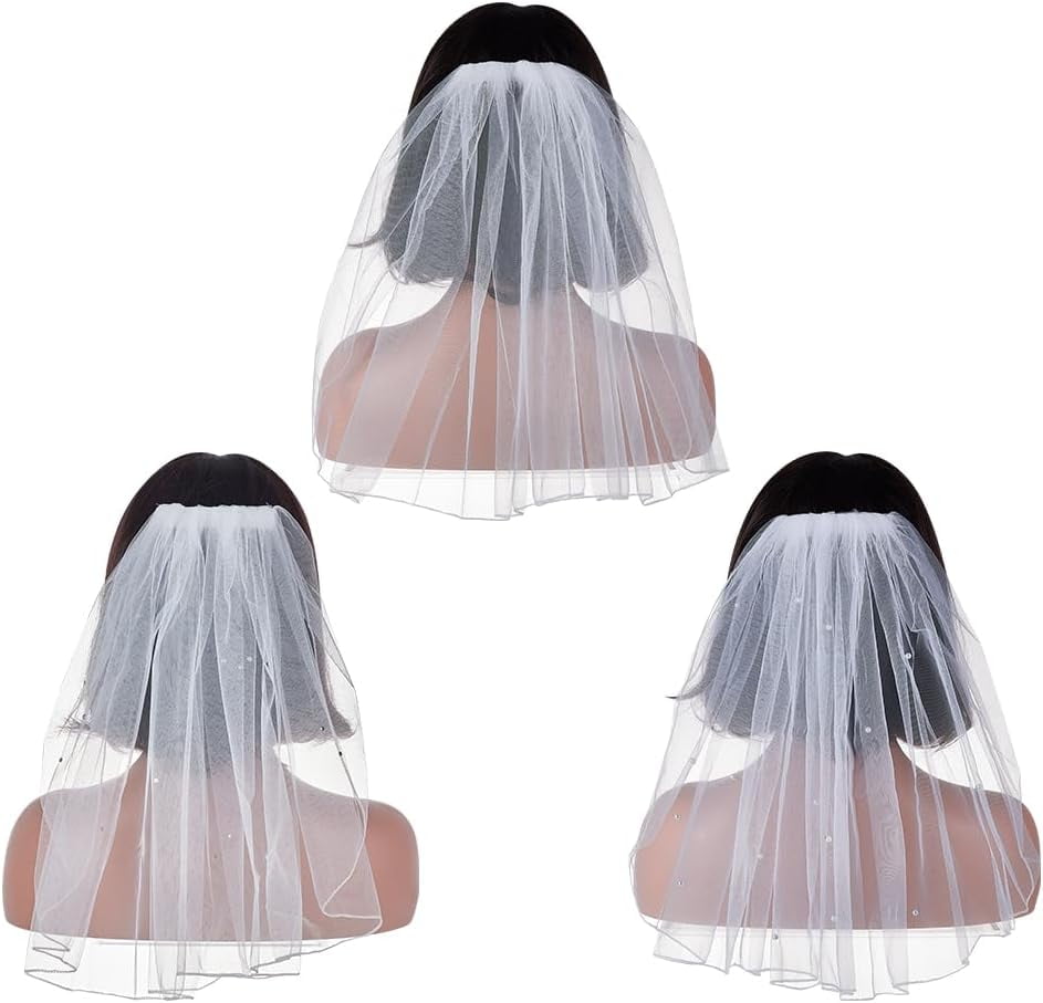 3 Pcs Women's Short Wedding Veils with Comb 3 Styles White Polyester ...