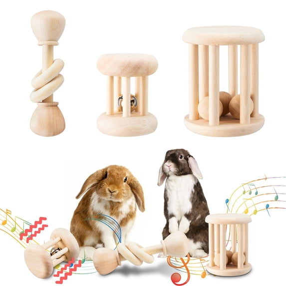 3 Pcs Wooden Bunny Toys - Safe Rabbit & Guinea Pigs Teeth Grinding Toys ...