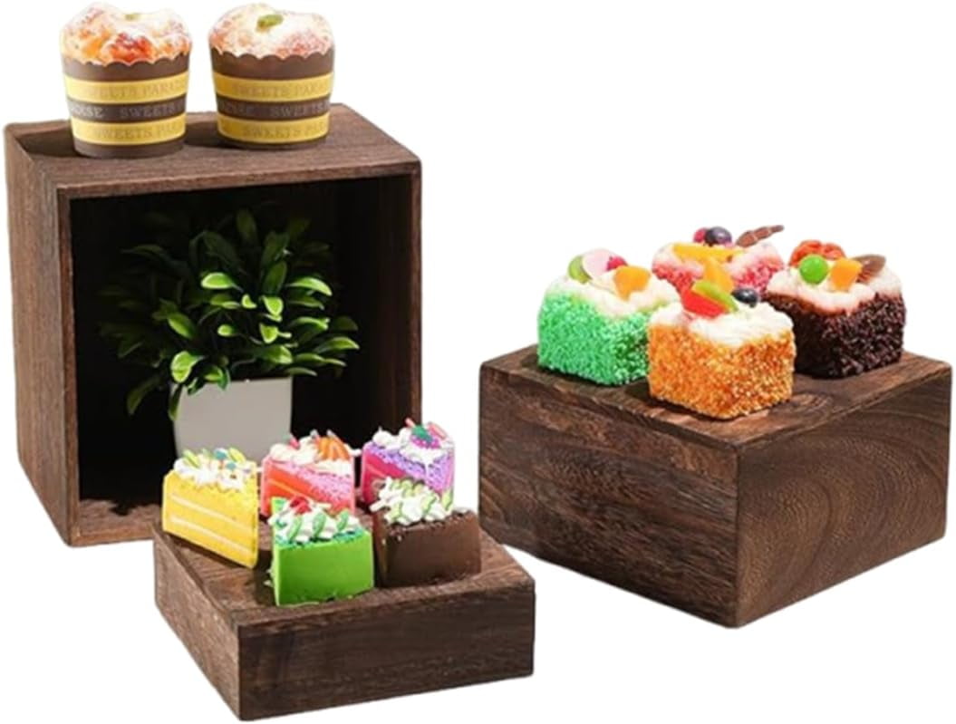 3 Pcs Wooden Cake Stands for Display, Brown Square Solid Wood Cakes ...