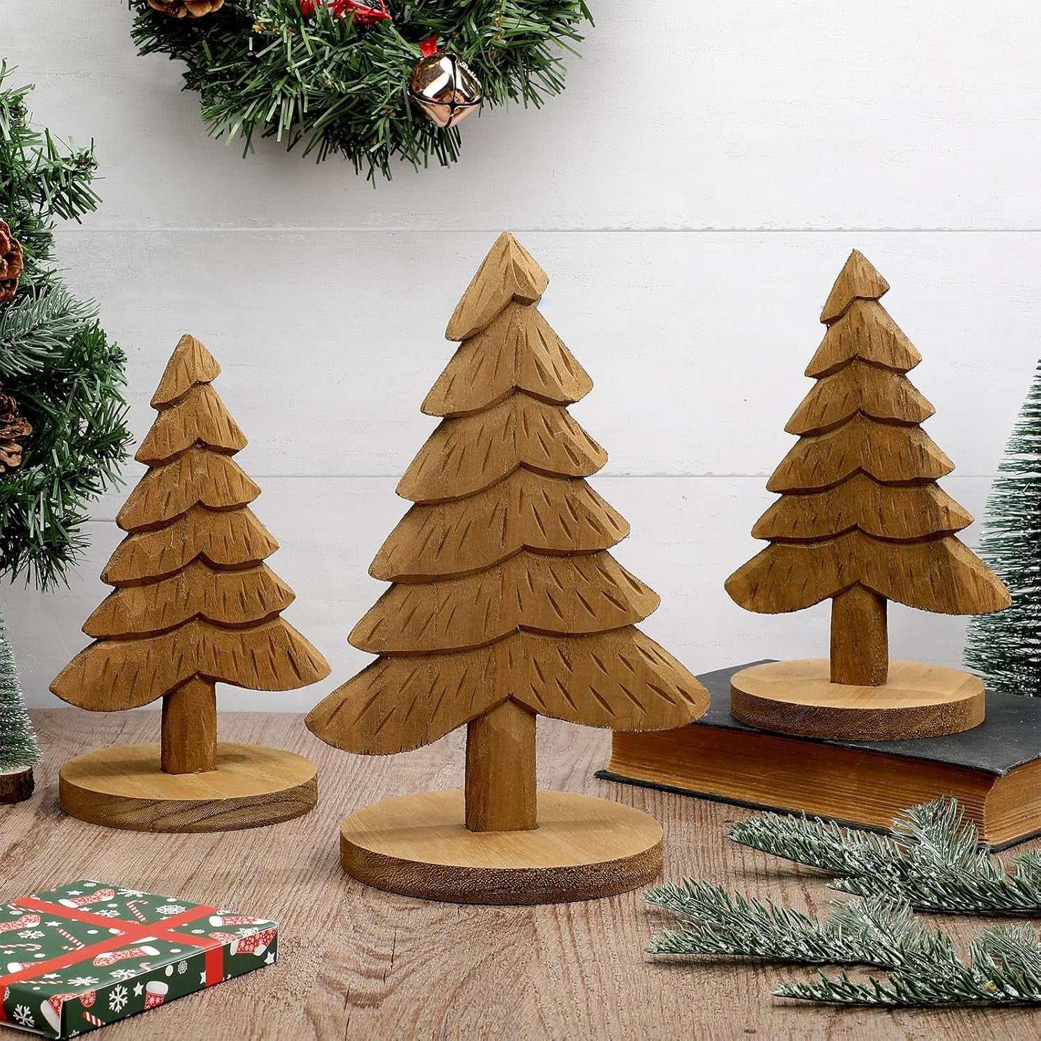 3 Pcs Wooden Christmas Tree Tabletop Handmade Wood Trees Artificial ...