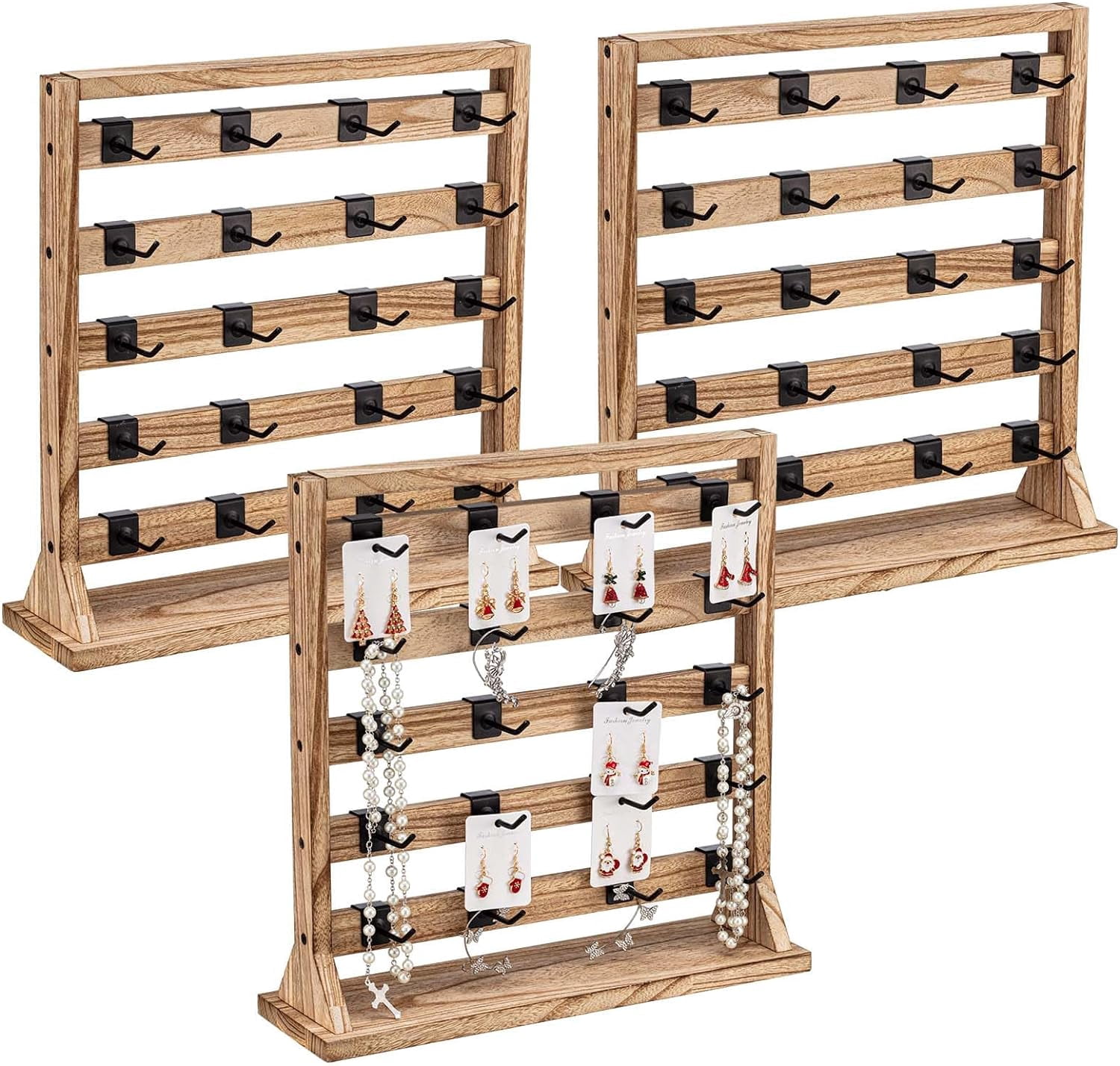 3 Pcs Wooden Jewelry Display Rack with 60 Removable Metal Hooks 5 Tier ...