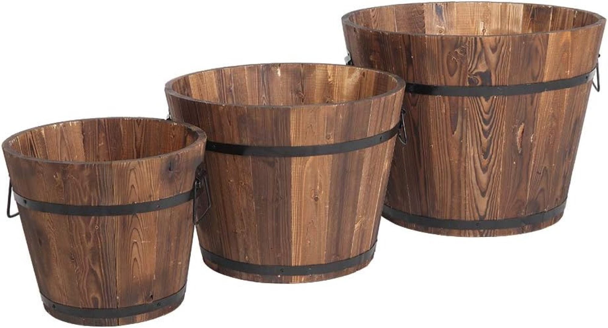 3 Pcs Wooden Planter Barrel Set, Outdoor Flower Pots with Handle ...