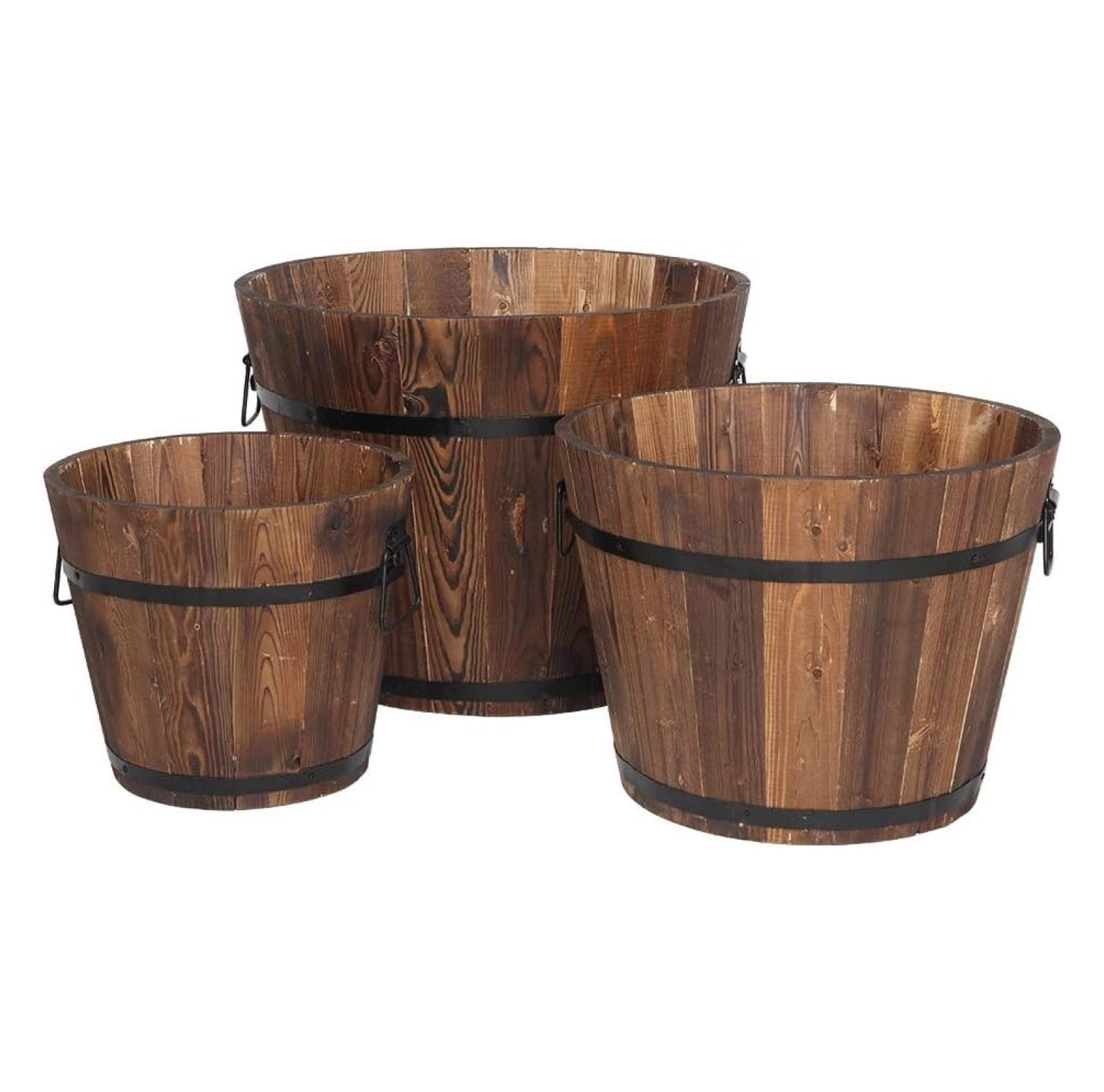 3 Pcs Wooden Planter Barrel Set, Outdoor Flower Pots with Handle ...