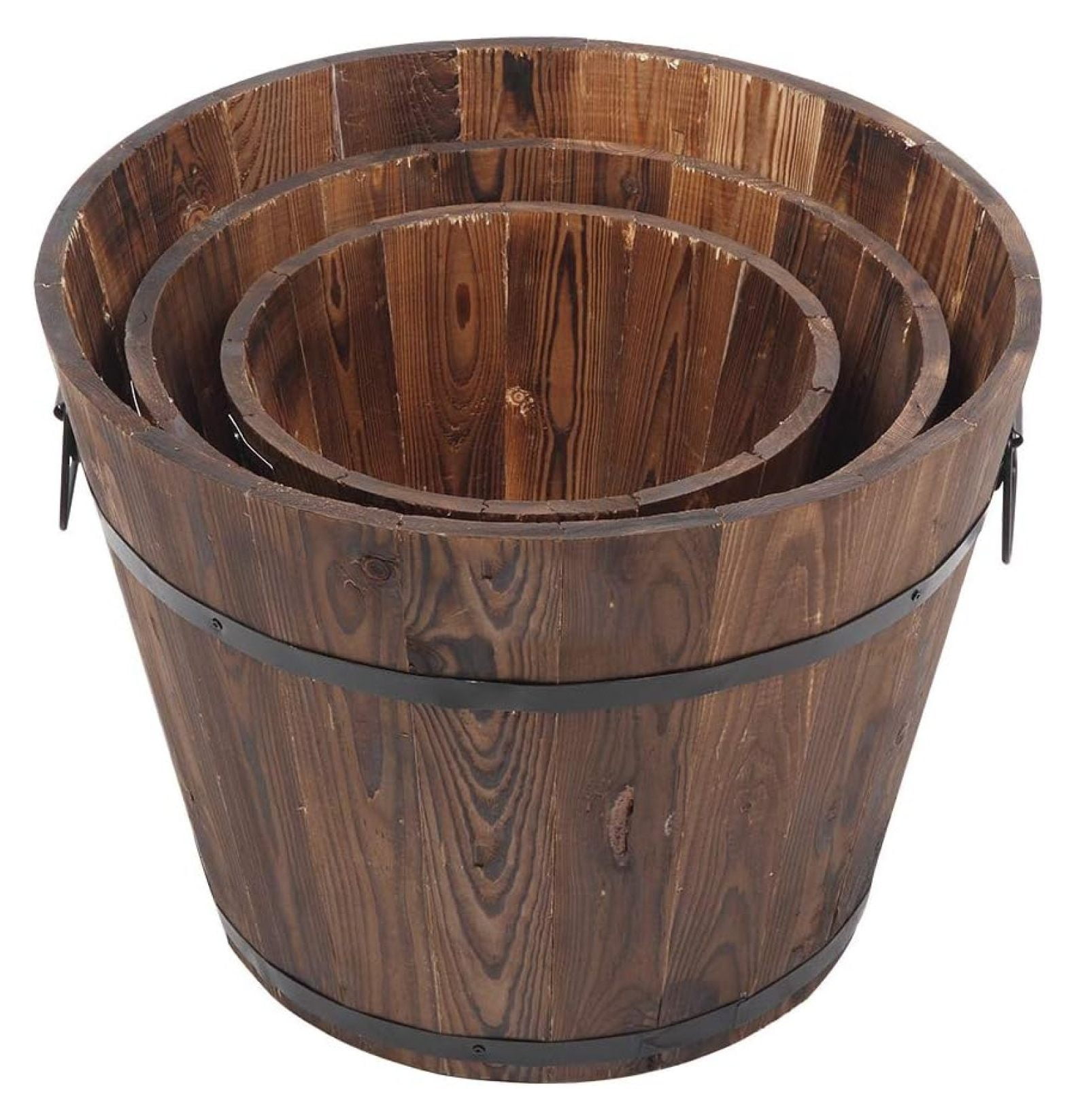 3 Pcs Wooden Planter Barrel Set, Outdoor Flower Pots with Handle ...