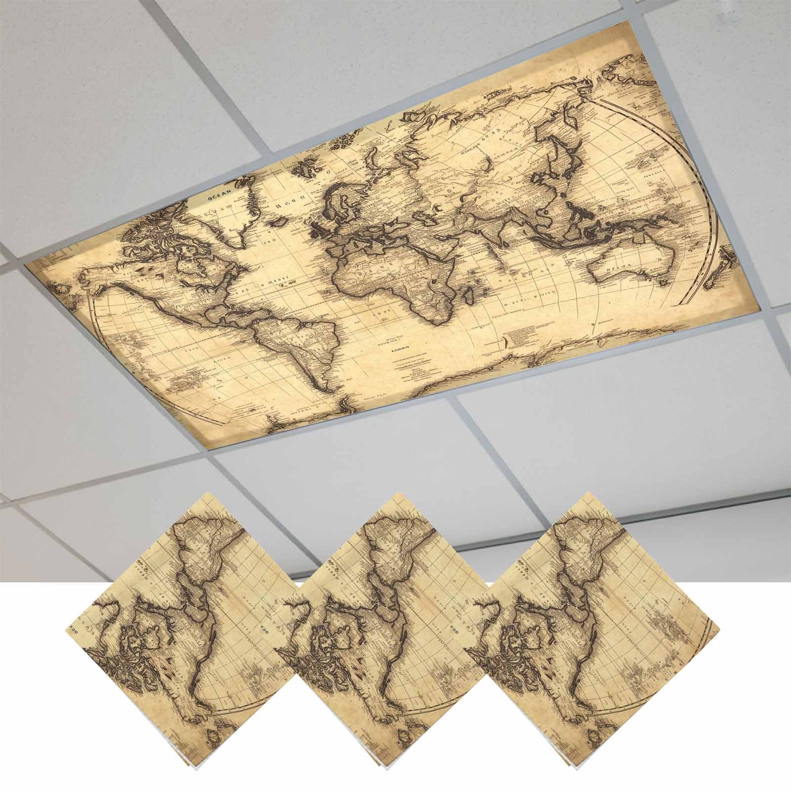 3 Pcs World Map Fluorescent Light Covers Retro Yellow Plate Line ...