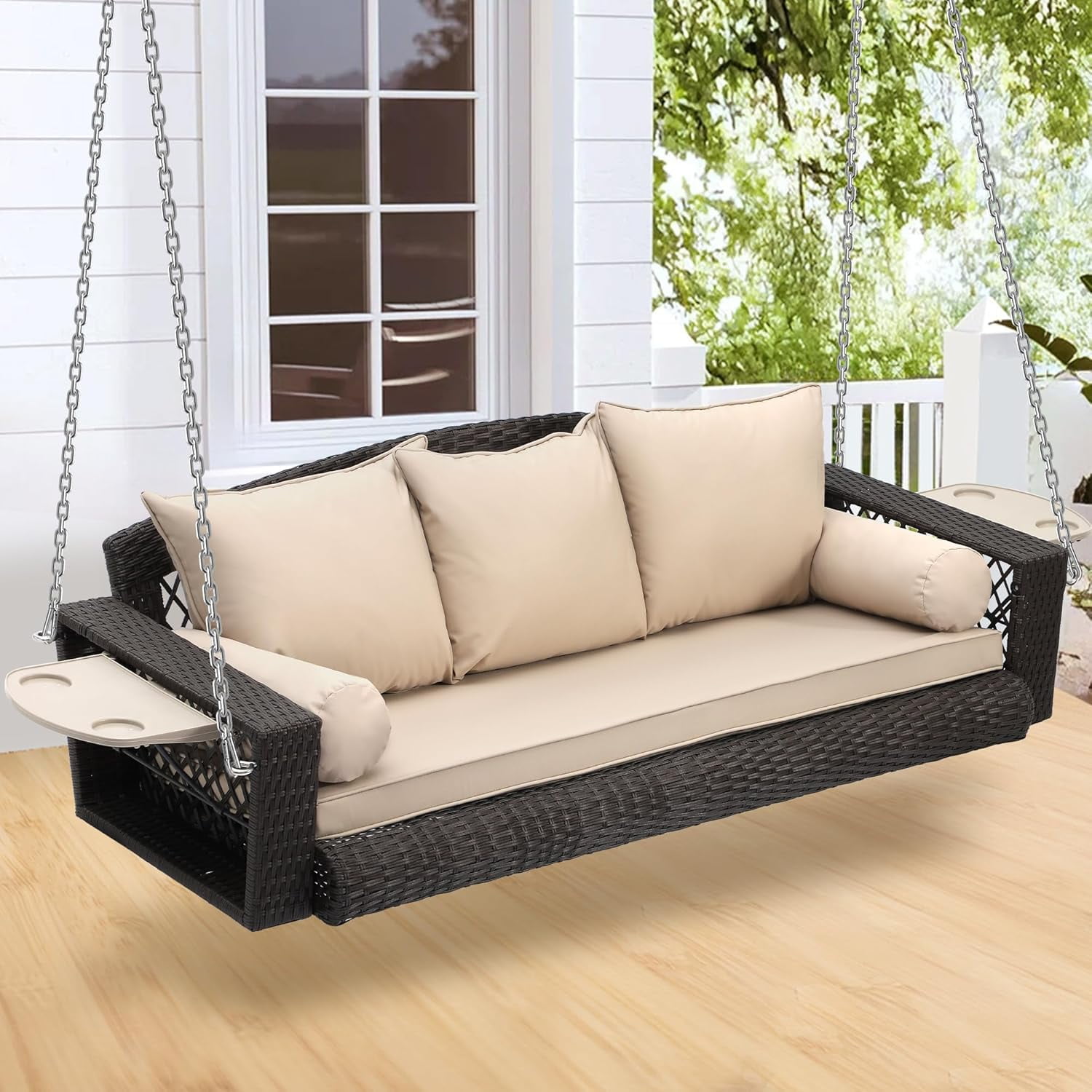 3-Person Hanging Porch Swing, Outdoor Wicker Hanging Swing Chair ...