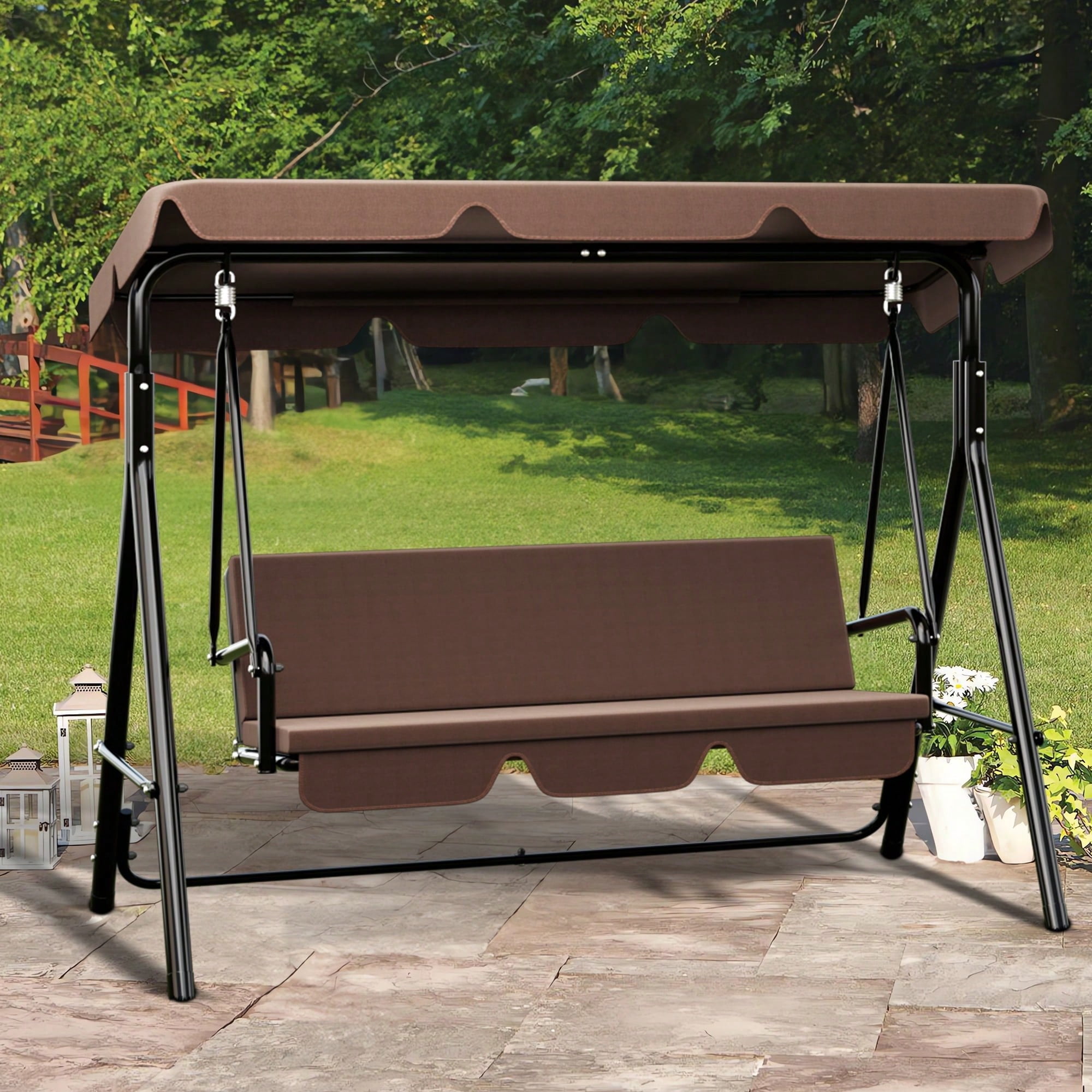 3-Person Outdoor Canopy Patio Swing Chair With Stand, Porch Swing With ...