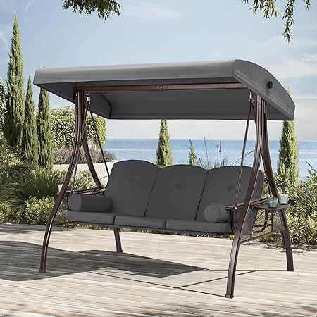 3 Person Outdoor Porch Swing with 1.5" Upgraded Cup Holder, Adjustable ...