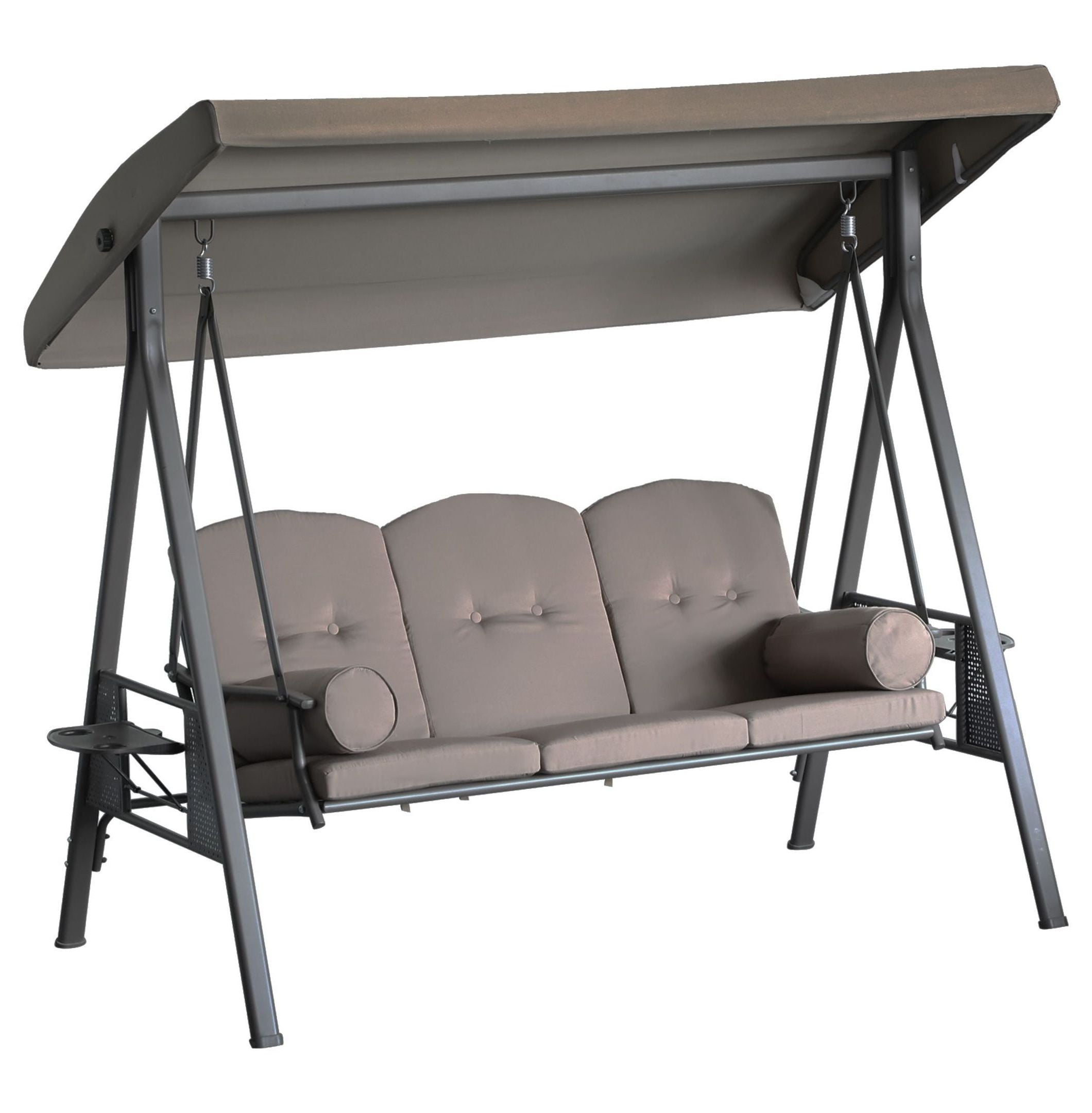 3-Person Patio Swing Bench - Steel Canopy, Cushioned Outdoor Swing w/ Side Trays - Brown ...