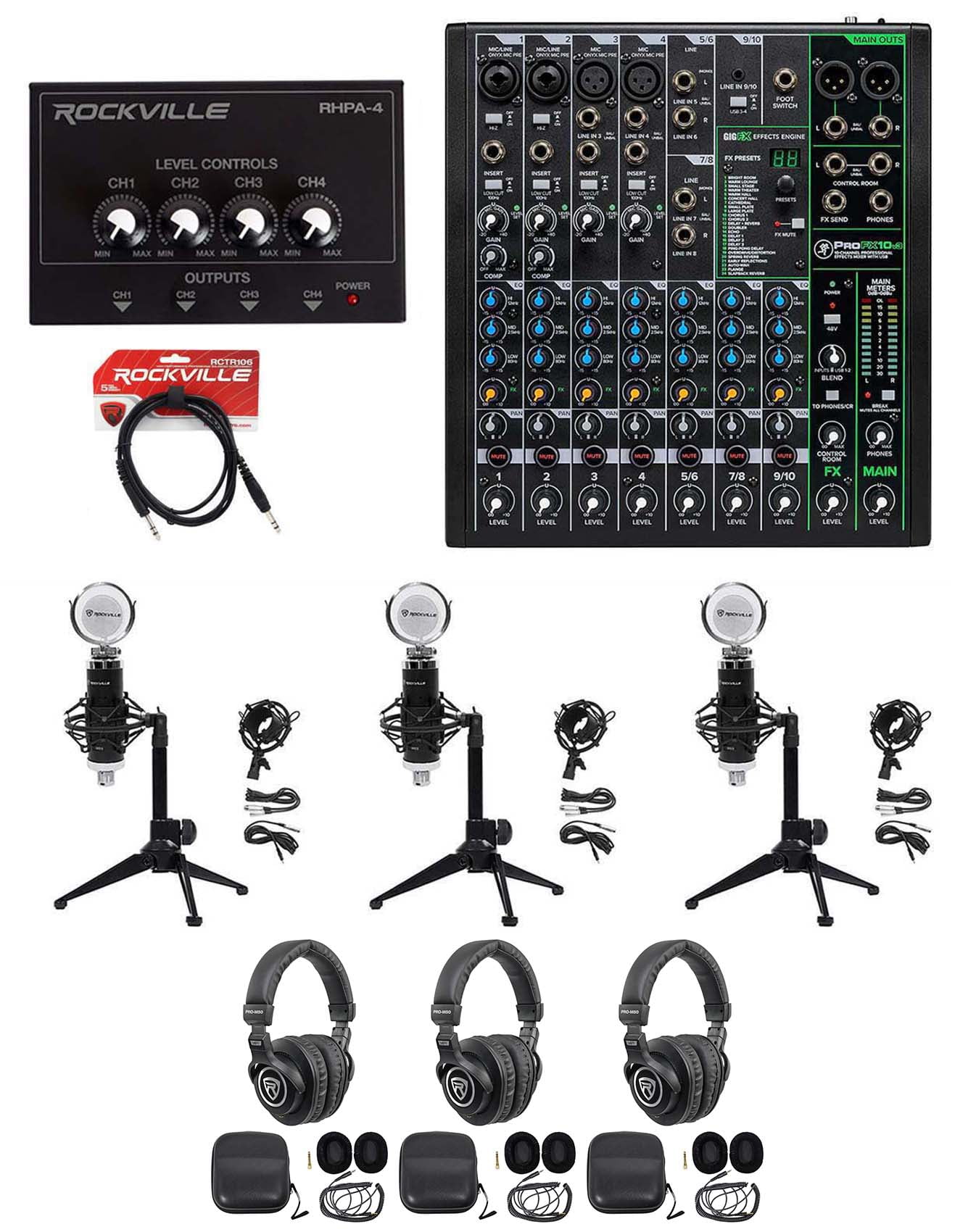 3-Person Podcast Podcasting Recording Kit w/Mackie ProFX10 v3 Mixer ...