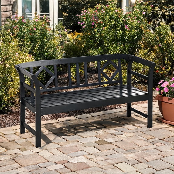 3-Person Wooden Patio Bench with Backrest and Armrests, Sleek Black ...