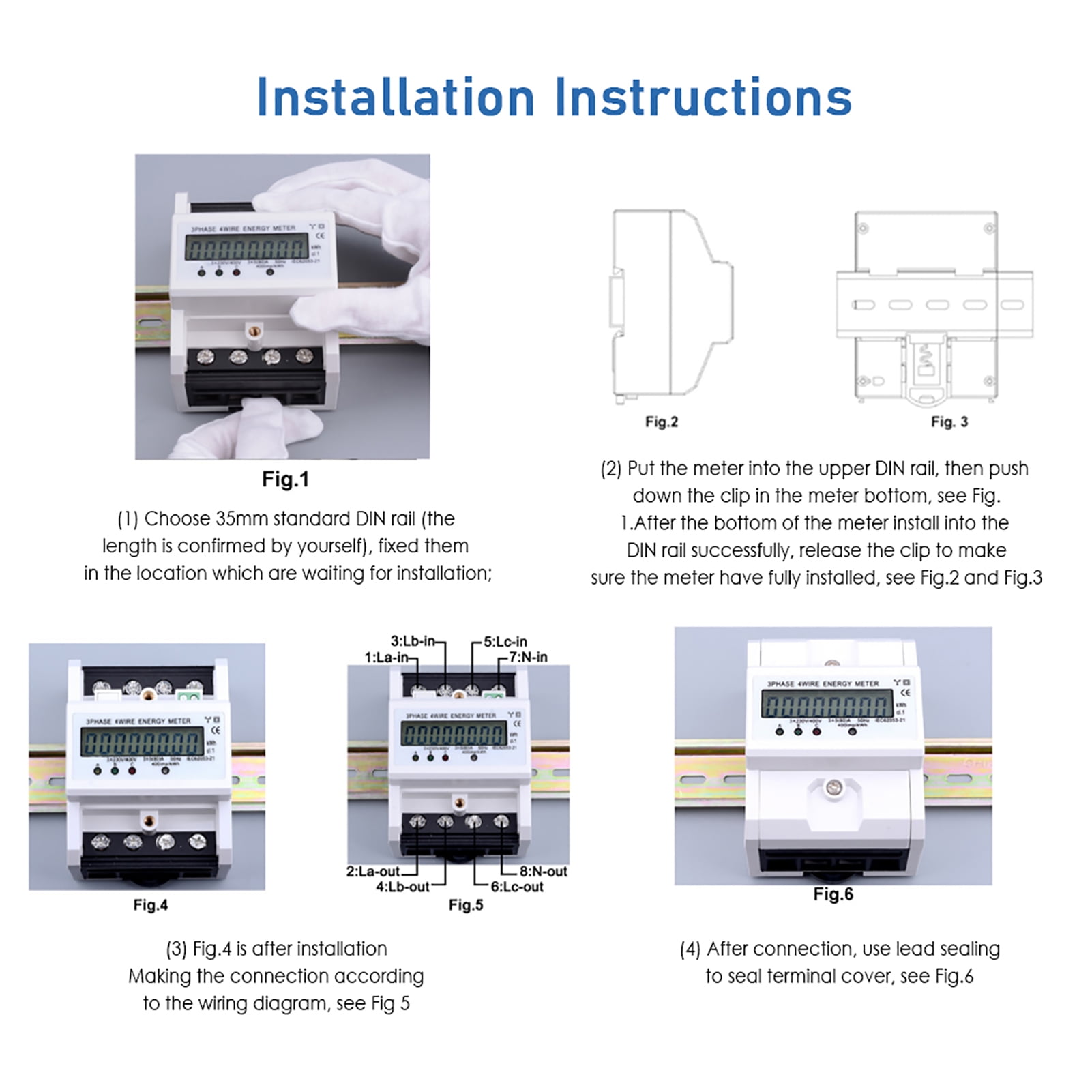 3 Phase 4 Wire Energy Meter 220/380V 5-80A Energy Consumption KWh Meter DIN Rail Installation ...