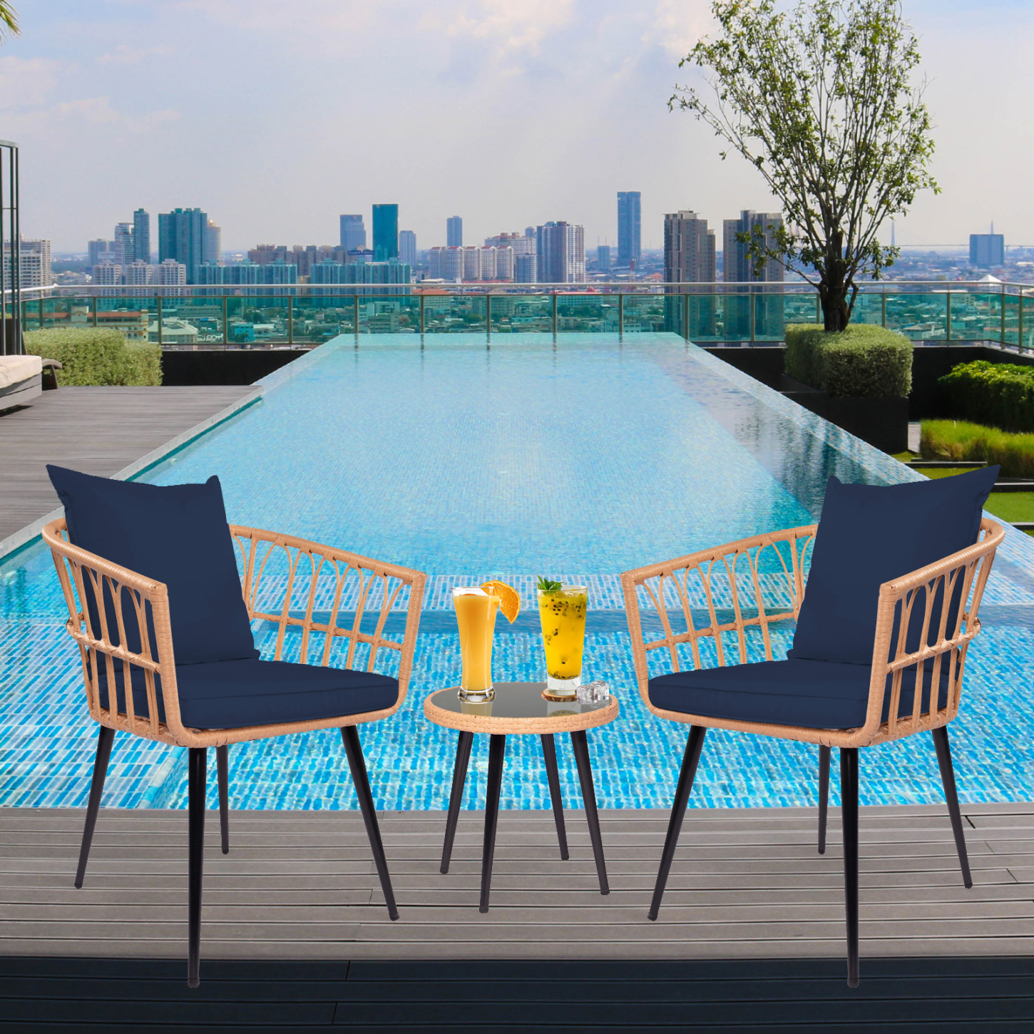 3 Piec Bistro Set Outdoor, Bistro Set with Glass Top Side Table, PE ...