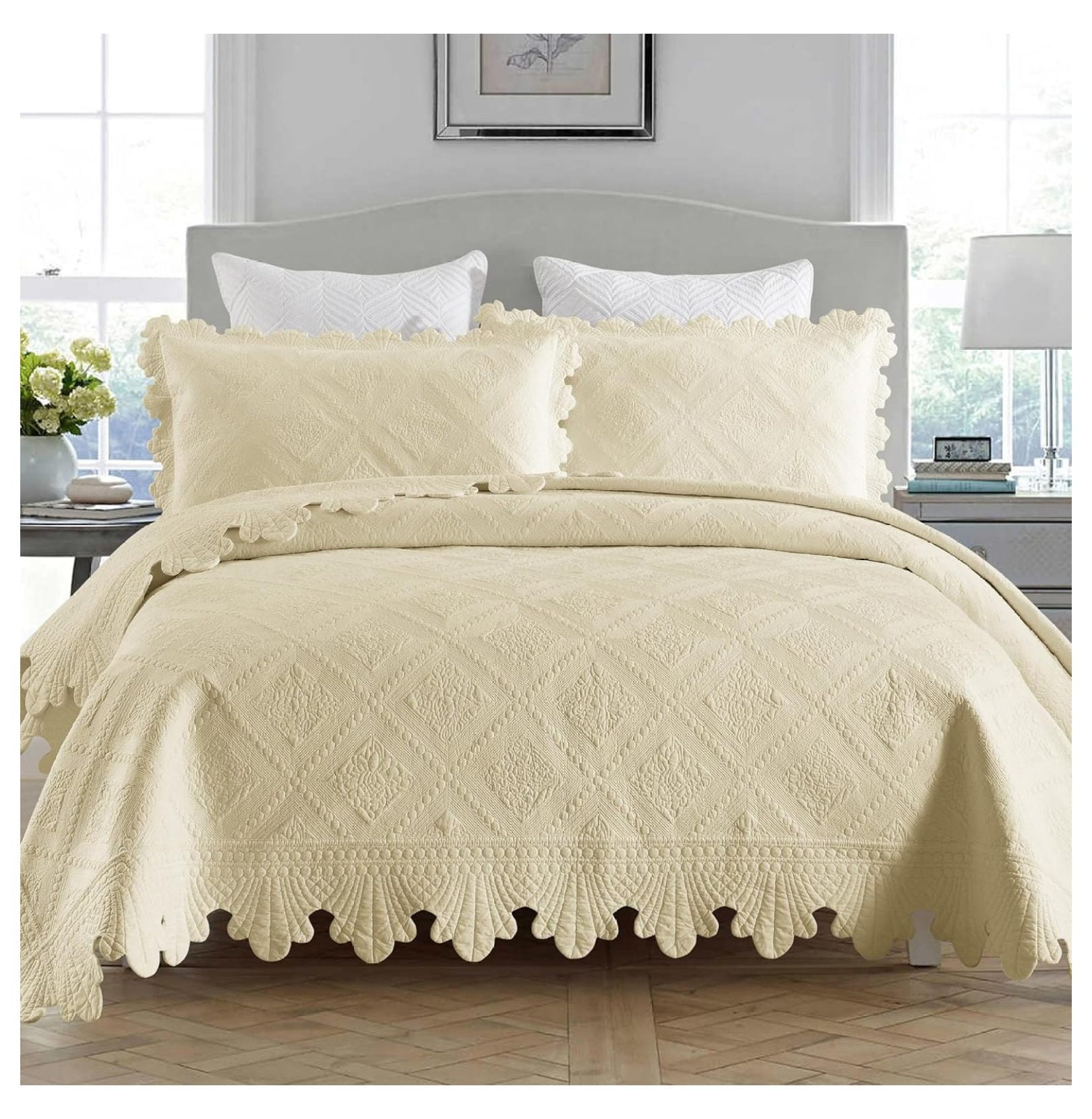 3-Piece 100% Cotton Oversized Bedspread Lightweight Quilt Coverlet Embroidery Farmhouse Bedding ...