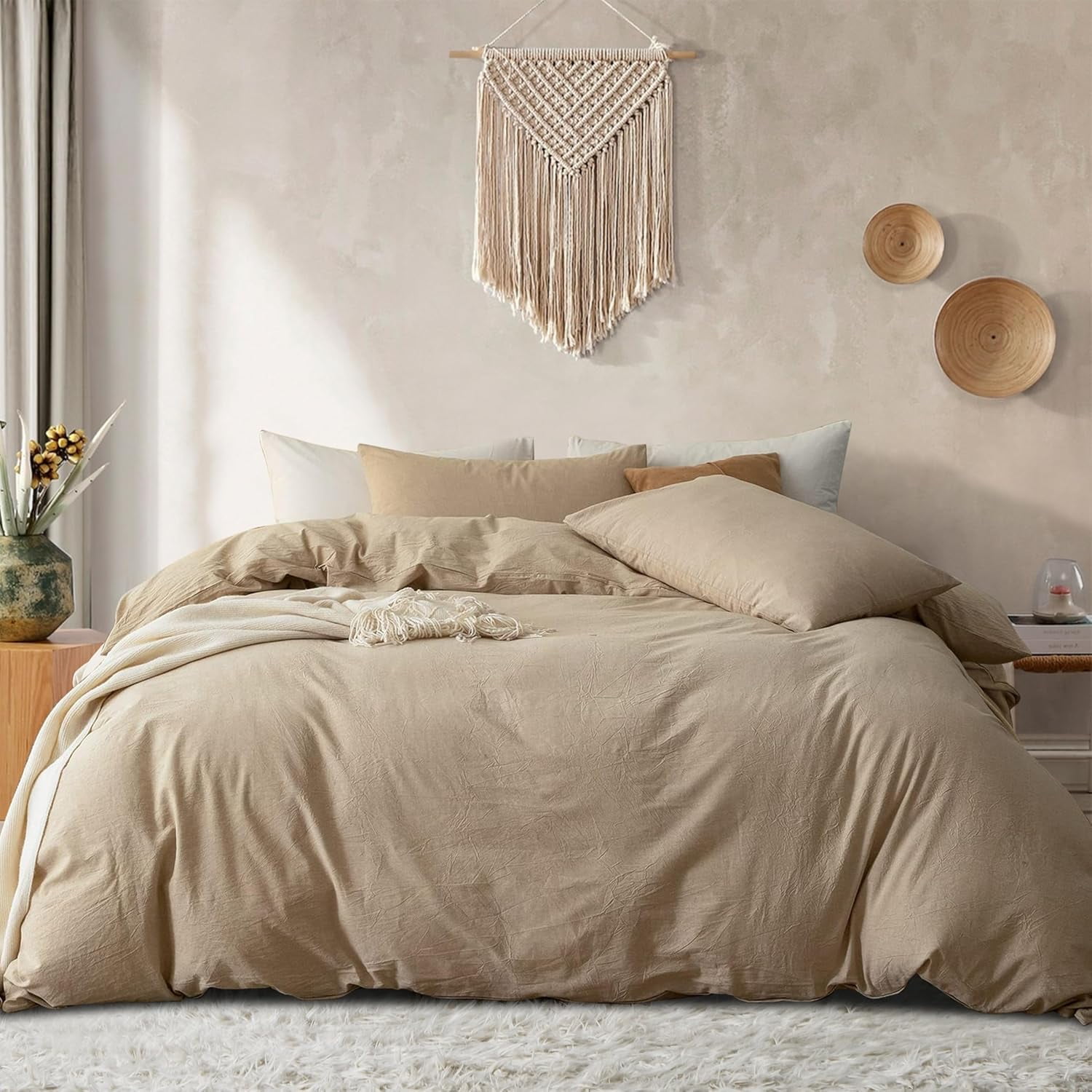 JOLUSERE 3 Piece 100% Washed Cotton Beige Duvet Cover Set Luxury Soft ...
