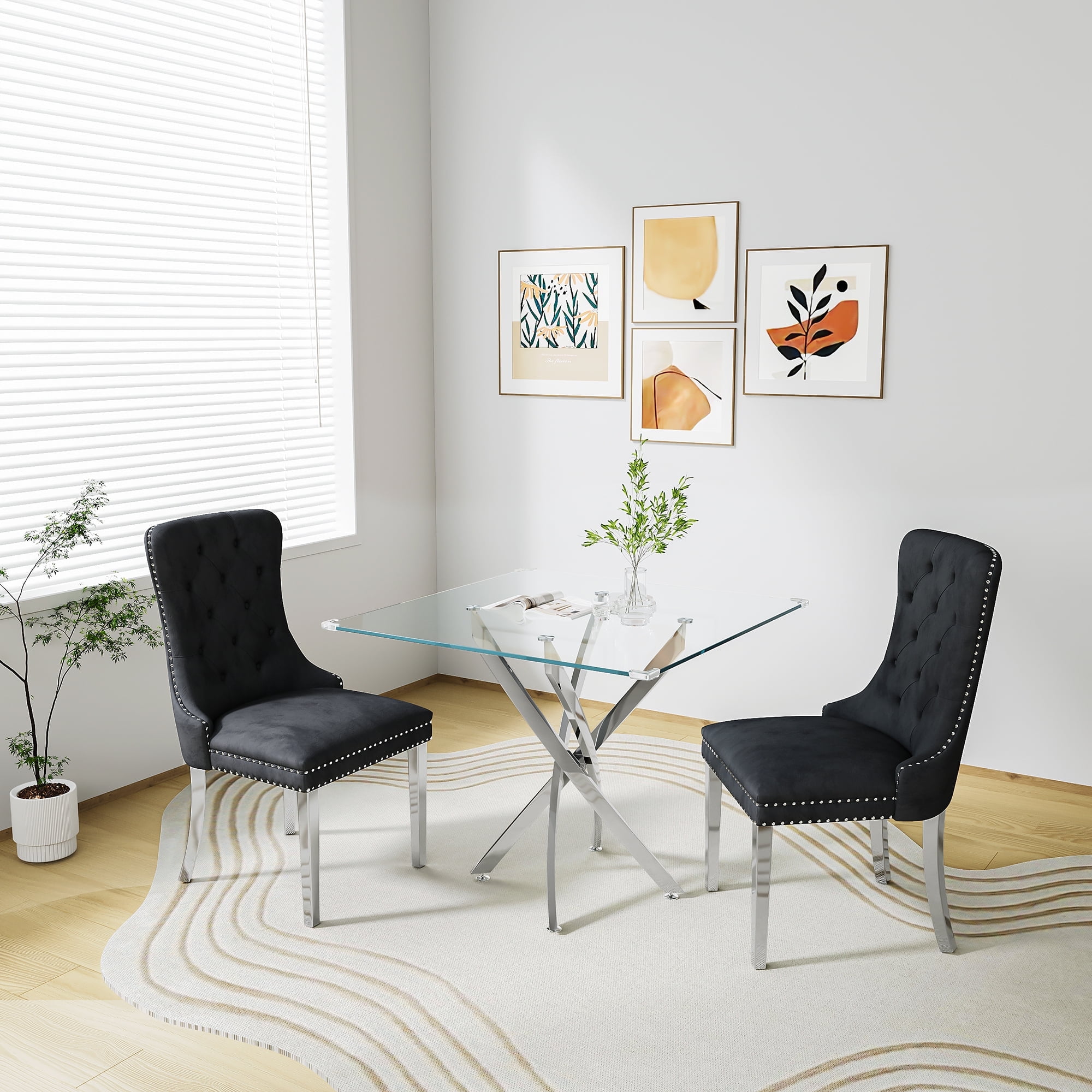 3-Piece 31.5" Square Glass Dining Table for 2, Clear Tempered Glass Top ...