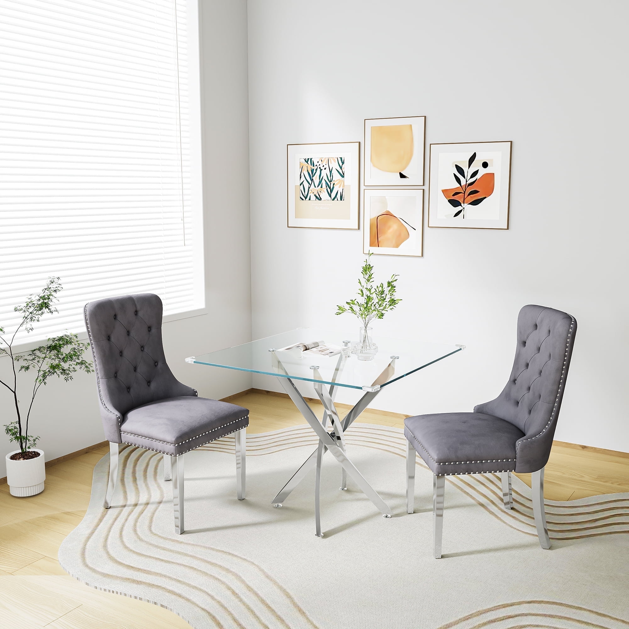 3-Piece 36" Square Glass Dining Table for 2, Clear Tempered Glass Top ...