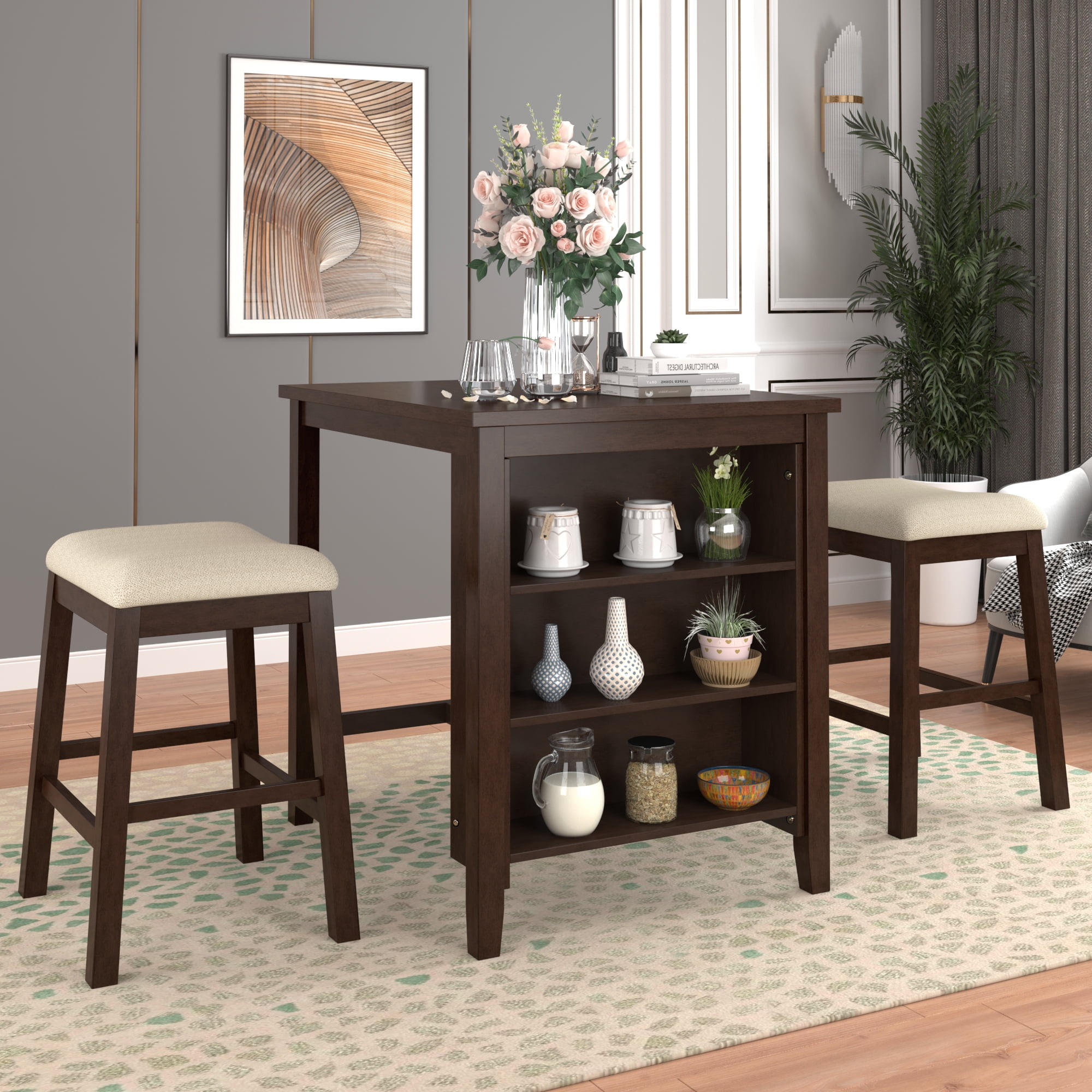 3 Piece 35.8" Dining Table with Padded Stools, Table Set with Storage ...