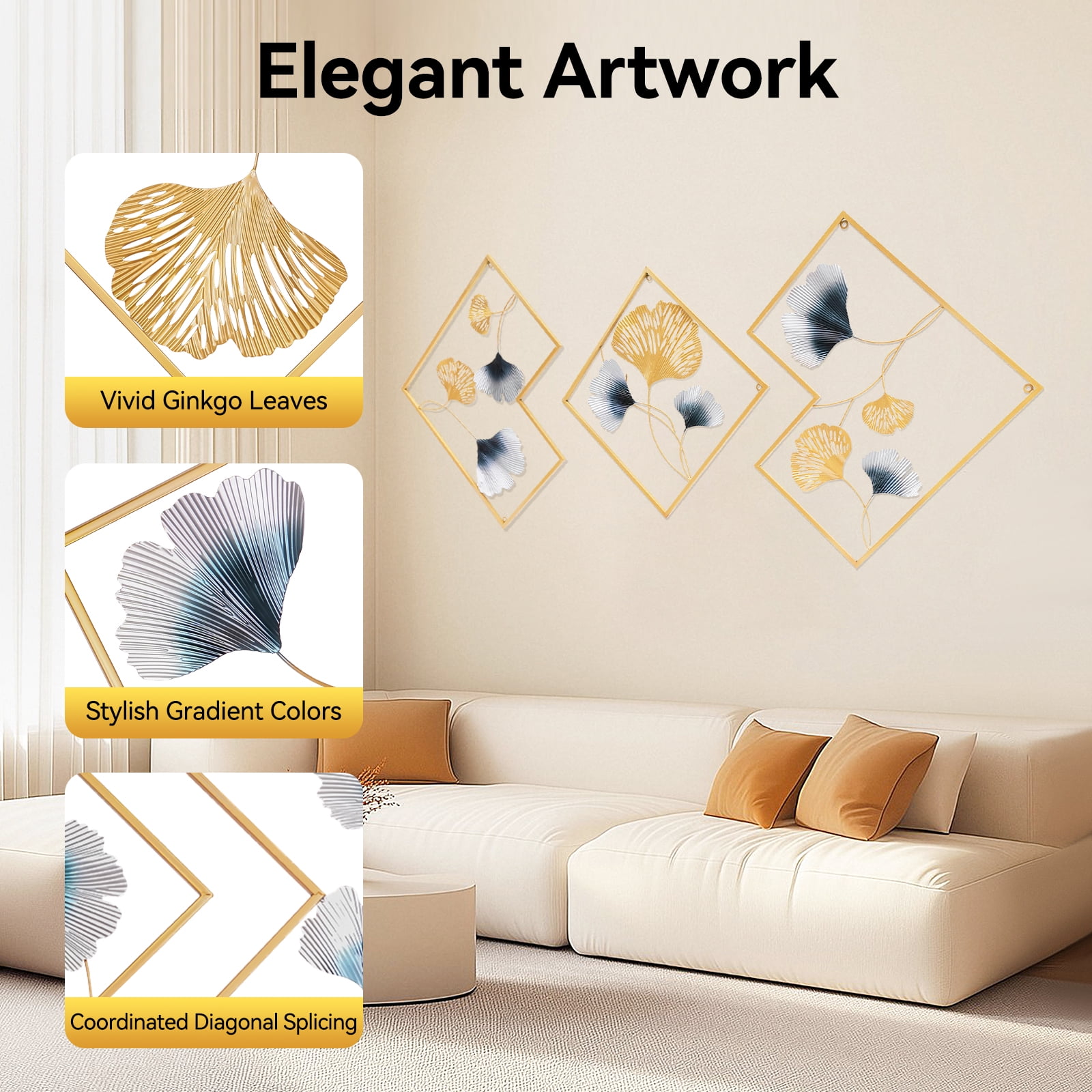 3-Piece 3D Ginkgo Metal Wall Art Sculpture - Gold & Blue Decor 164 x 70.5 cm Indoor for Bedrooms ...