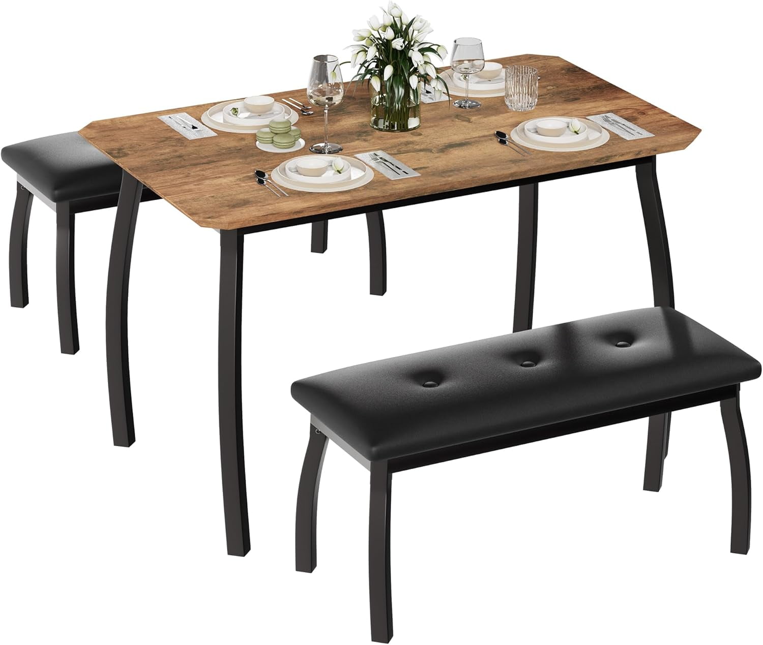 3-Piece 44 Inch Extendable Kitchen Table Set with 2 Benches, Space ...